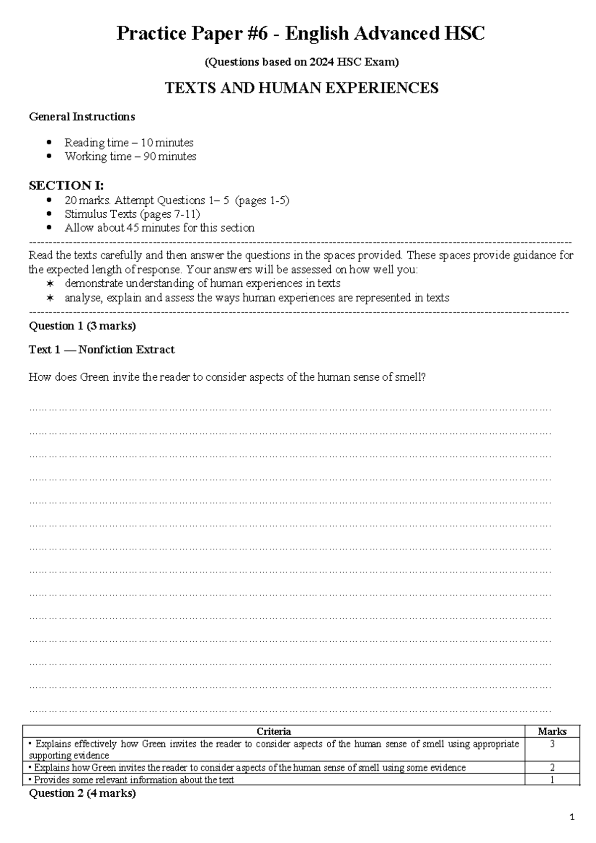 Practice Paper English Advanced HSC: Texts & Human Experiences - Studocu