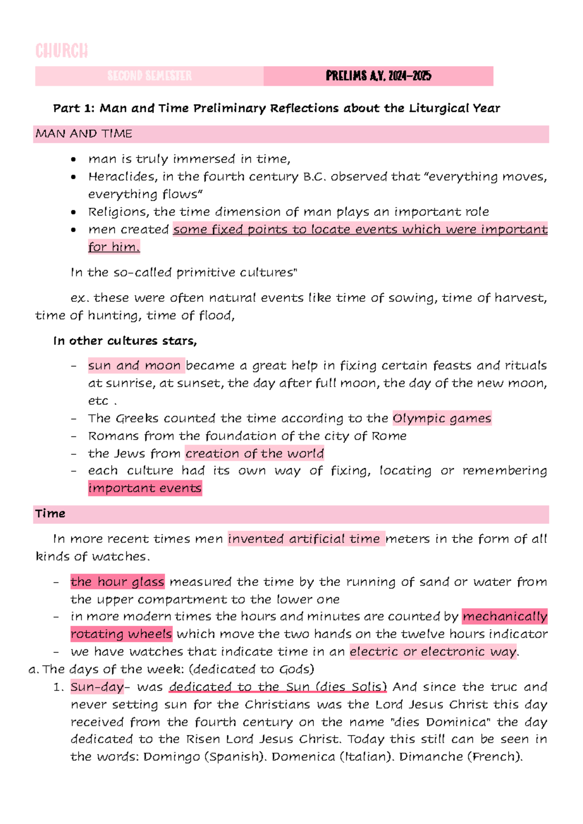Church SECOND SEMESTER PRELIMS A.Y.: Understanding Time in the ...