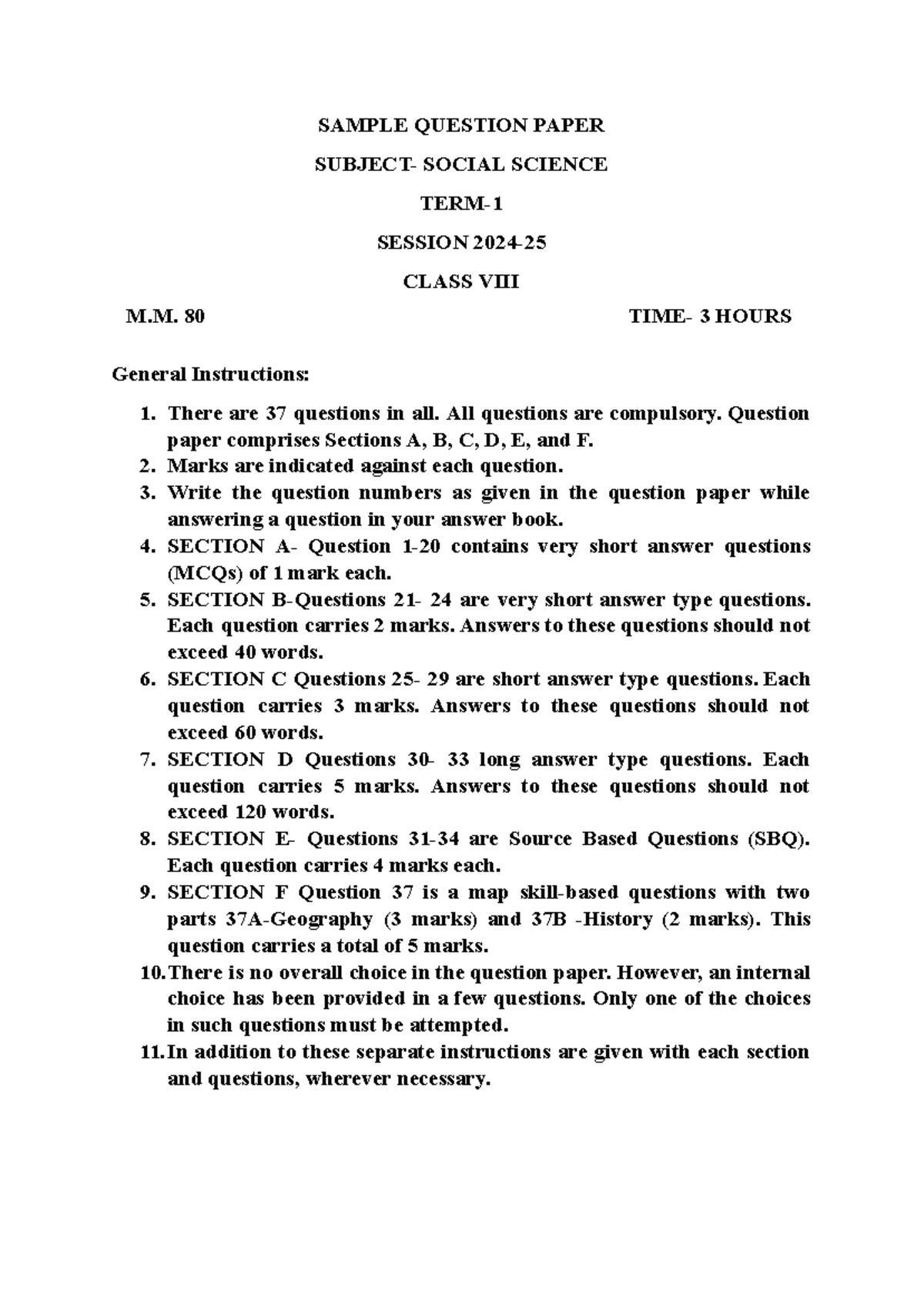 Final Sample Paper for Class 8 Social Science Term-1 Exam - Studocu