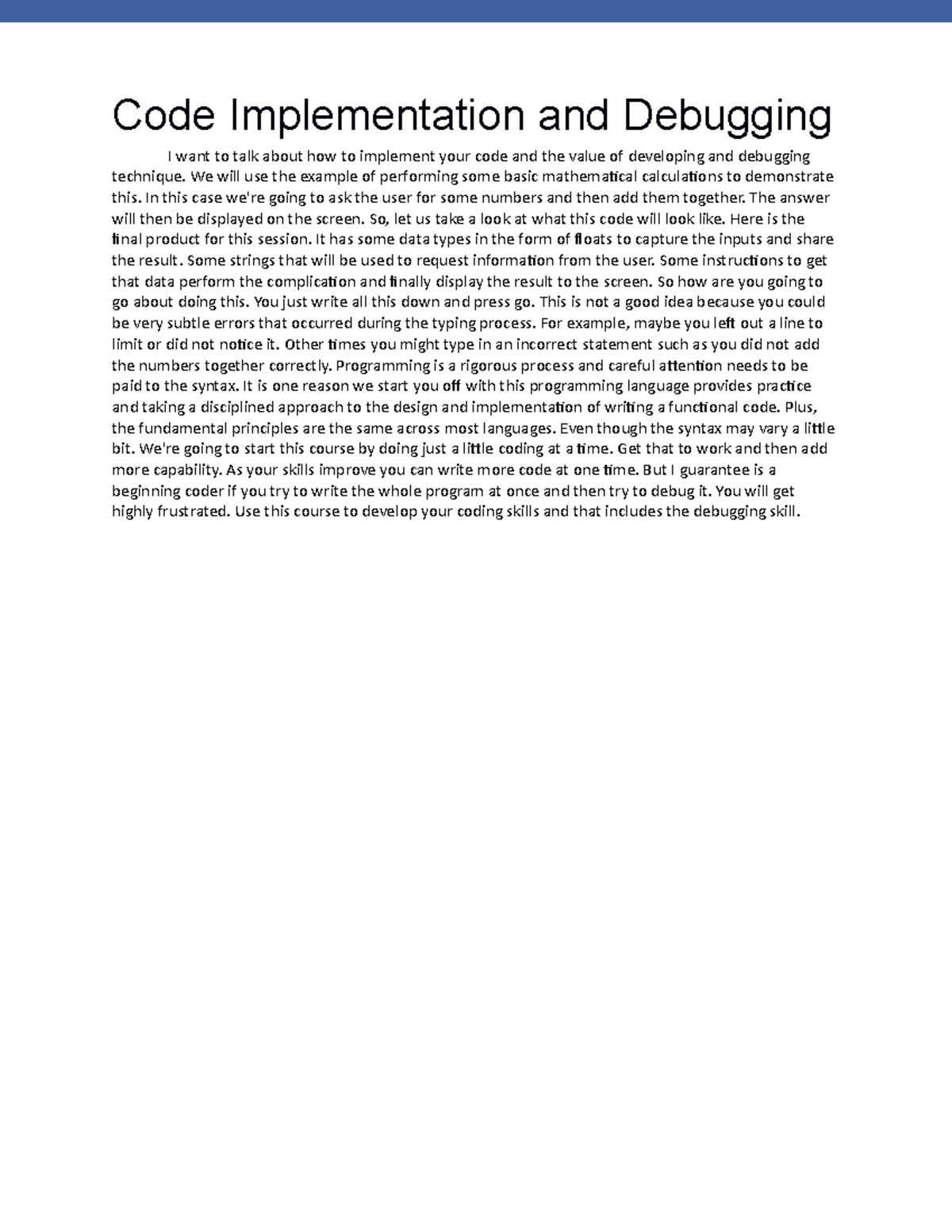 CS101: Code Implementation & Debugging Techniques Overview - Studocu