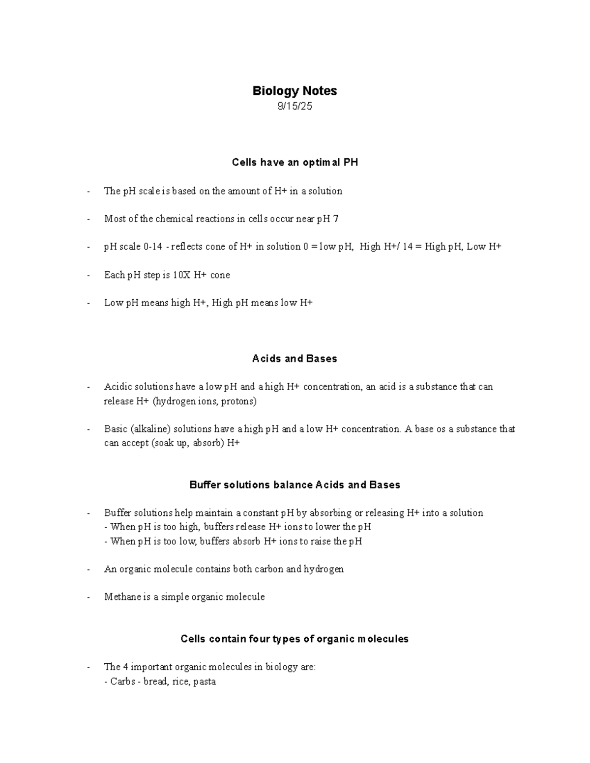 Biology Notes: pH Balance, Organic Molecules & Polymer Formation - Studocu