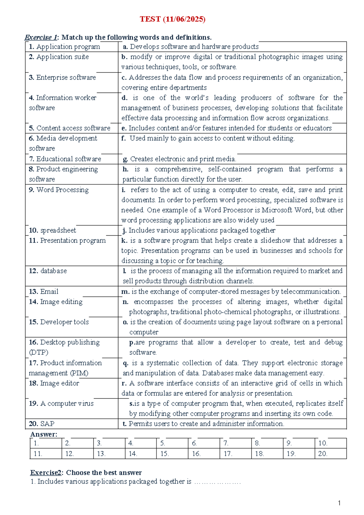TEST Exercise 1: Word and Definition Matching for Software Concepts ...