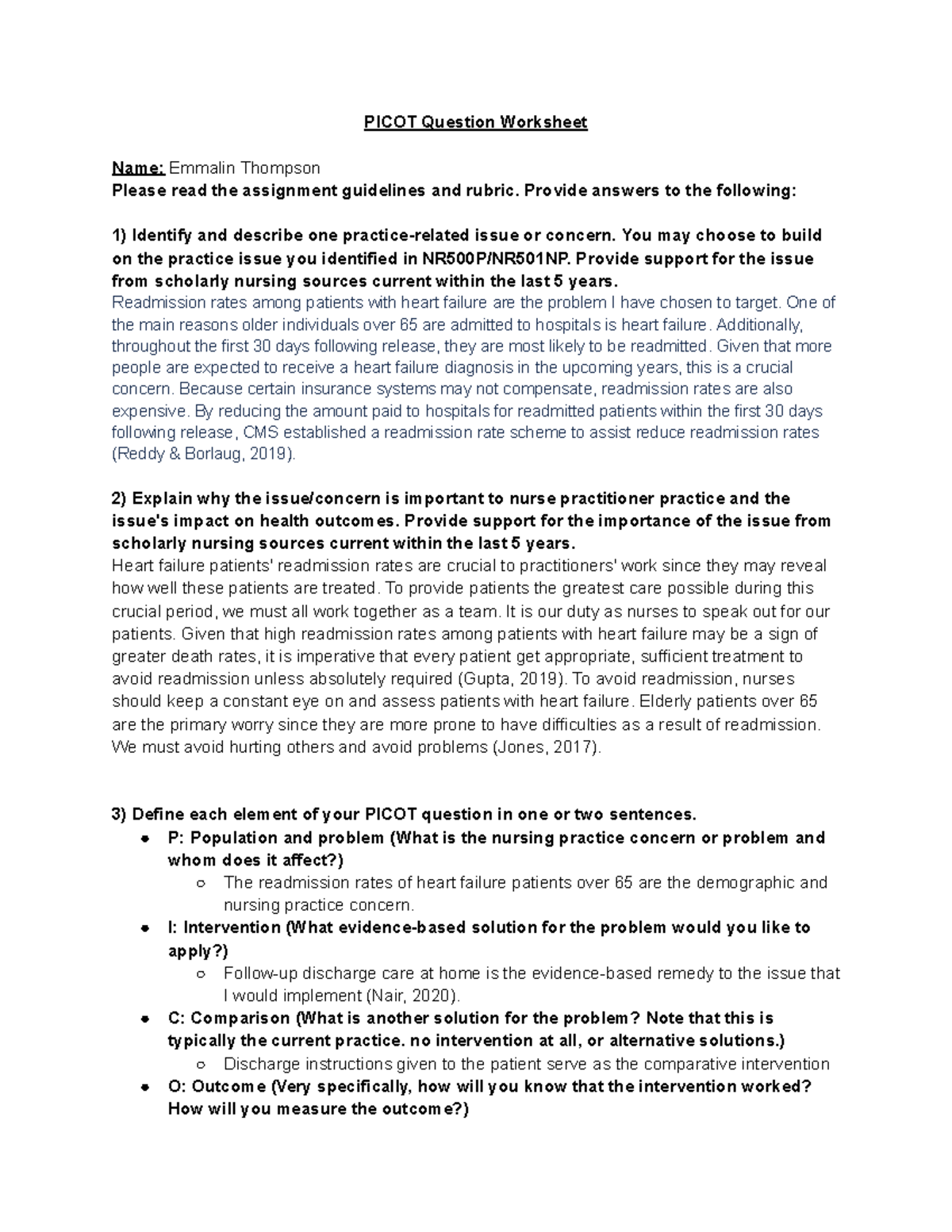 PICOT Question Worksheet - Heart Failure Readmission Rates Analysis ...