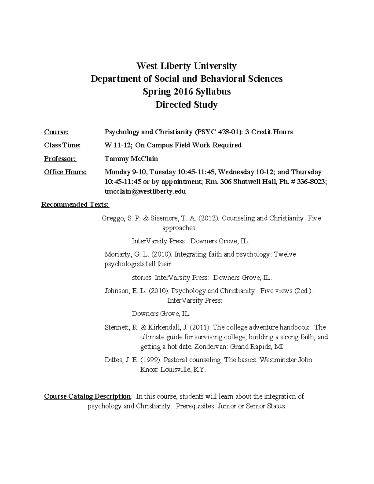 PSYC 4780 Directed Study: Psychology and Christianity Syllabus 2016 ...