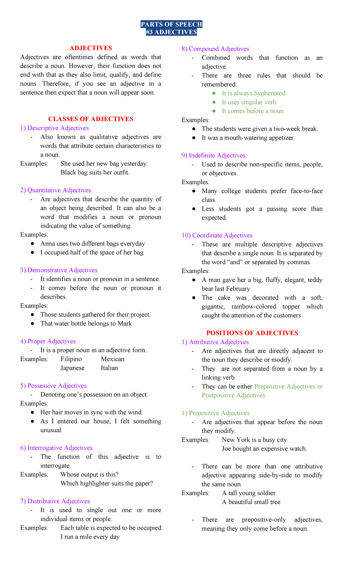 C. Adjectives: Understanding Types and Functions of Adjectives - Studocu