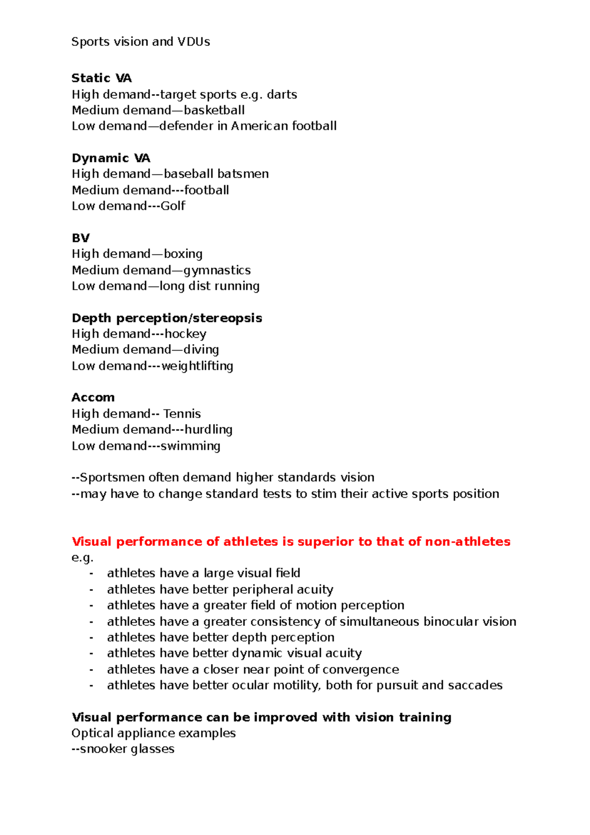 Sports and VDU (visual display unit) - Sports vision and VDUs Static VA ...