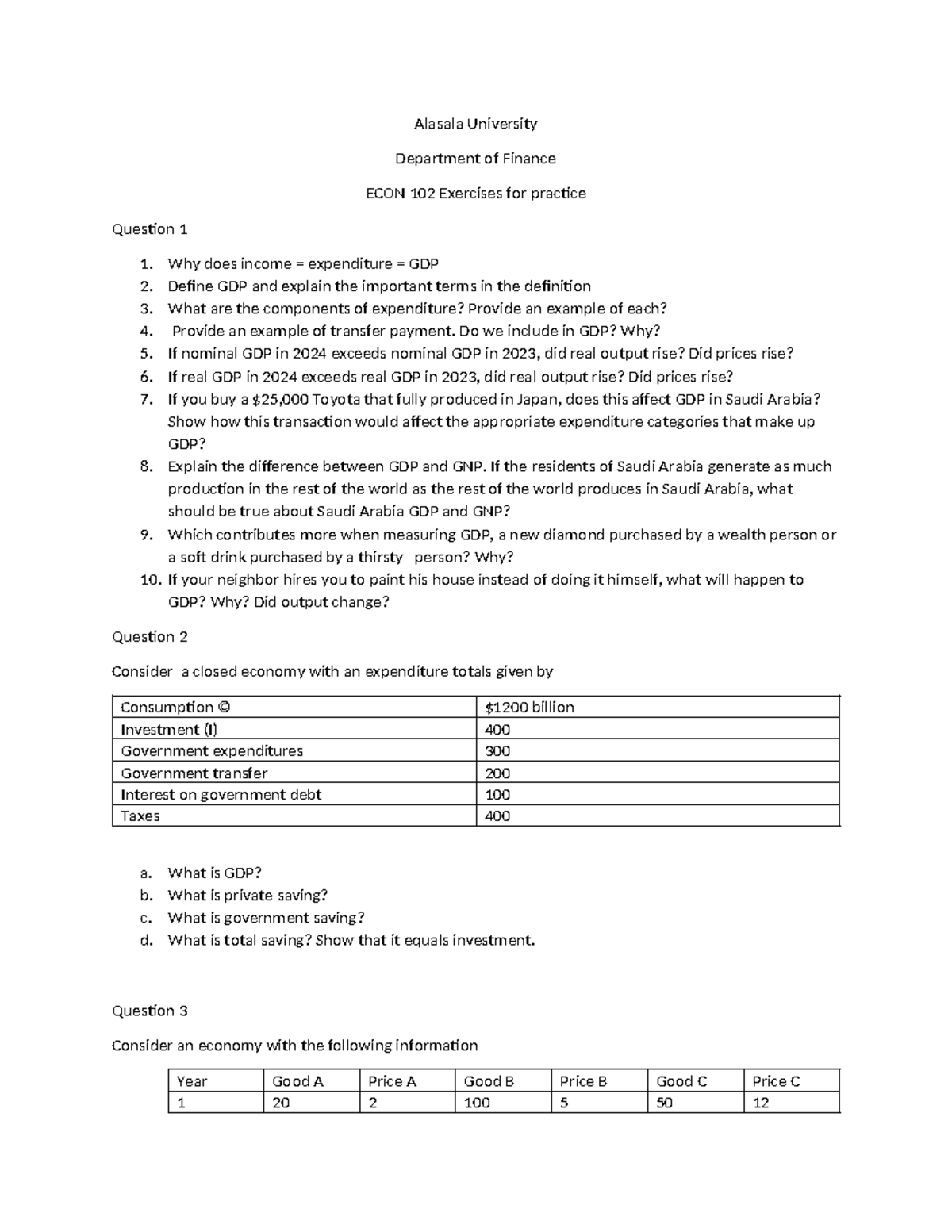 ECON 102 Practice Exercises: Understanding GDP and Economic Concepts ...
