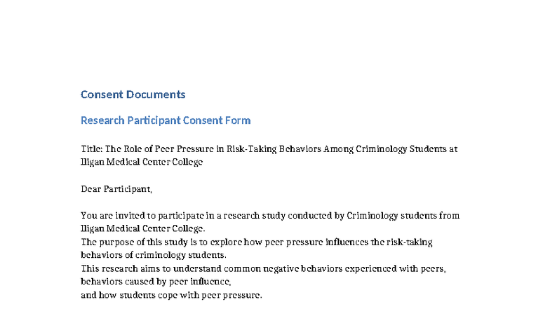 Consent Form for Research on Peer Pressure Among Criminology Students ...