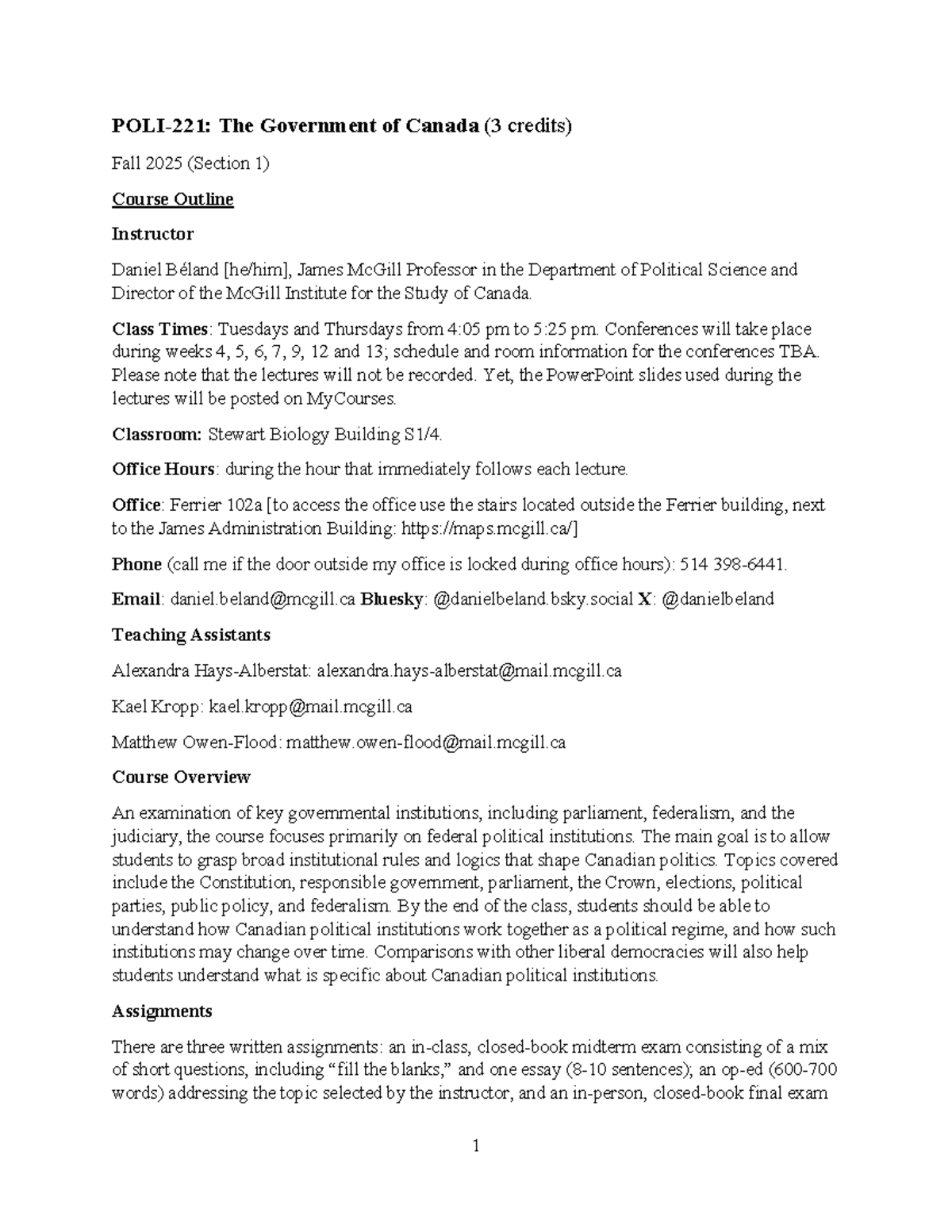 POLI 221 Course Outline: Government of Canada - Fall 2025 - Studocu