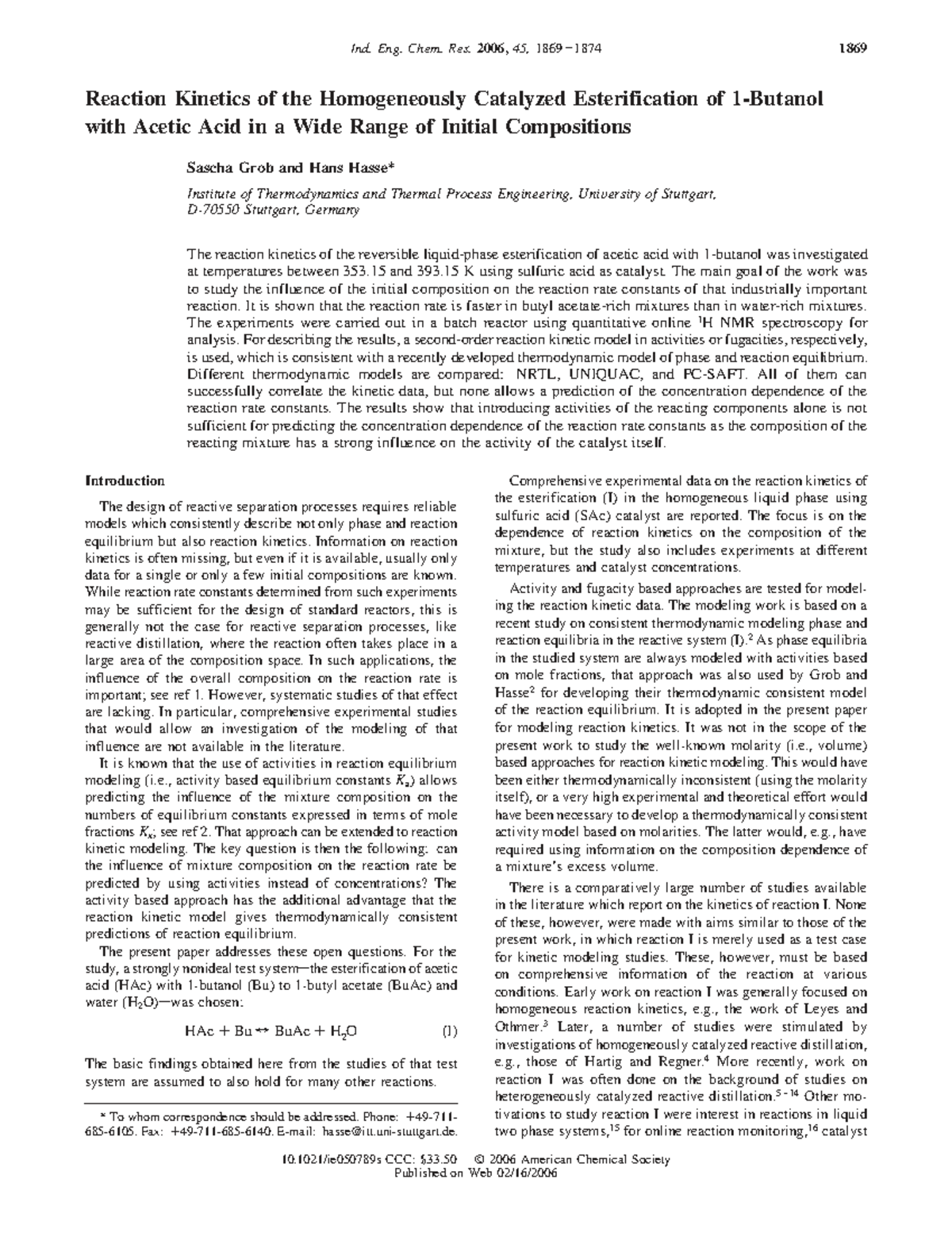 Reaction Kinetics of Acetic Acid Esterification: Insights from Grob ...