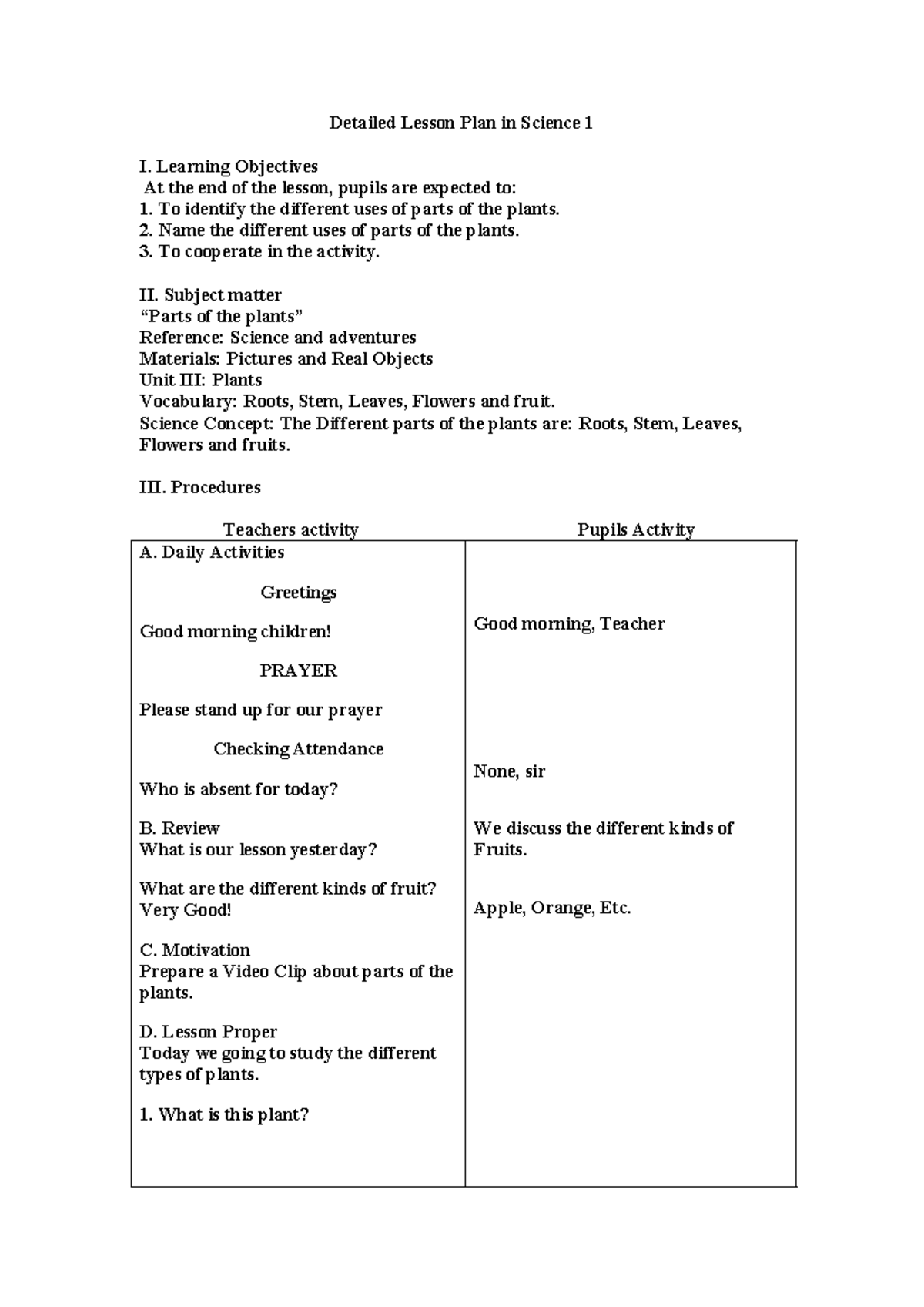 Science 1: Detailed Lesson Plan on Plant Parts and Functions - Studocu