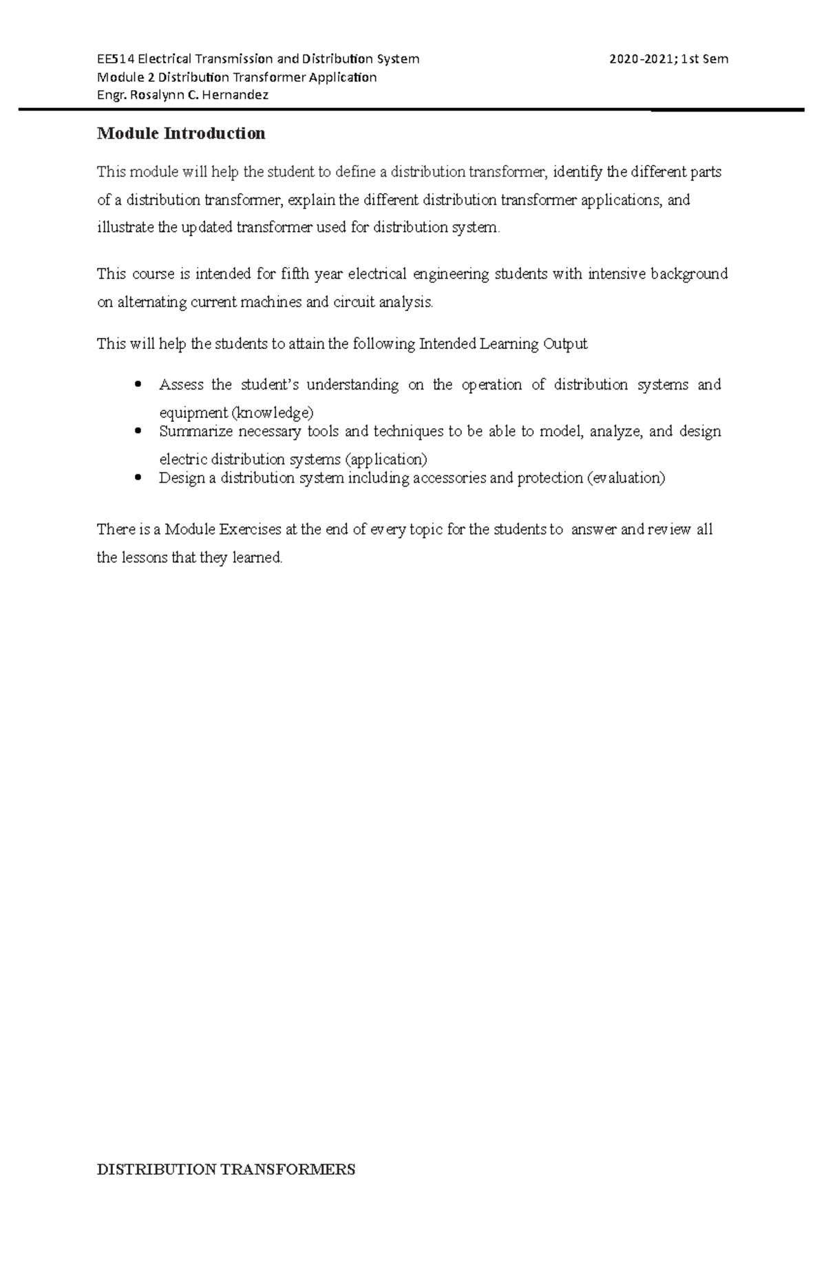 Distribution Transformer Application Module 2 Distribution Transformer Application Engr