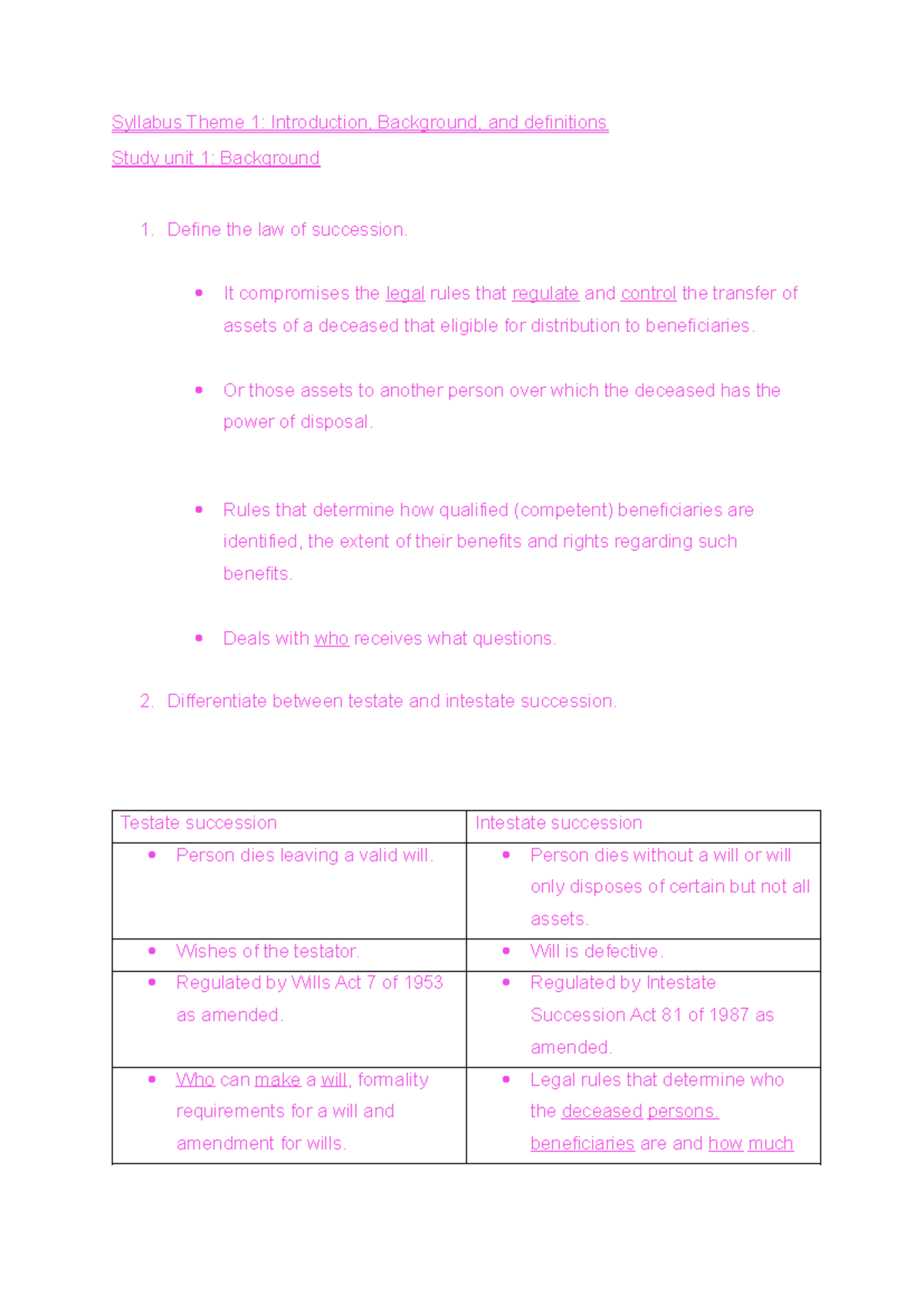 ERF 101: Study Unit 1 - Law of Succession Overview and Key Concepts ...