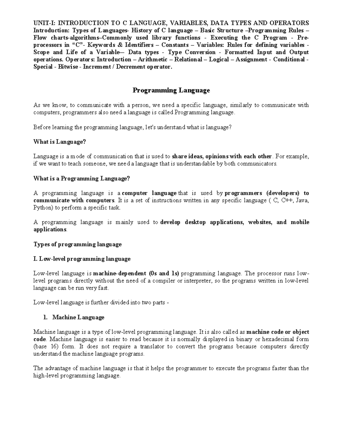 C Programming Language: Variables, Data Types & Operators (CS101) - Studocu