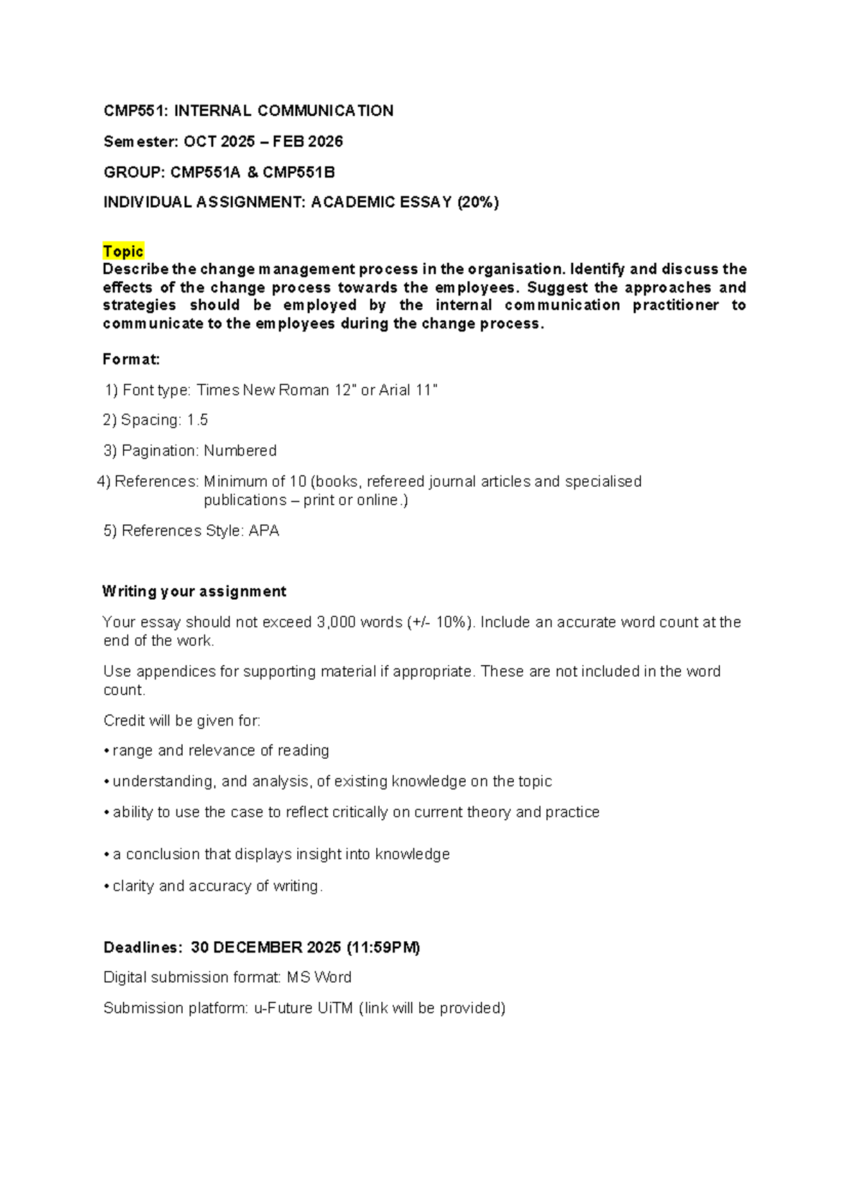 CMP551: Change Management Process & Internal Communication Essay - Studocu