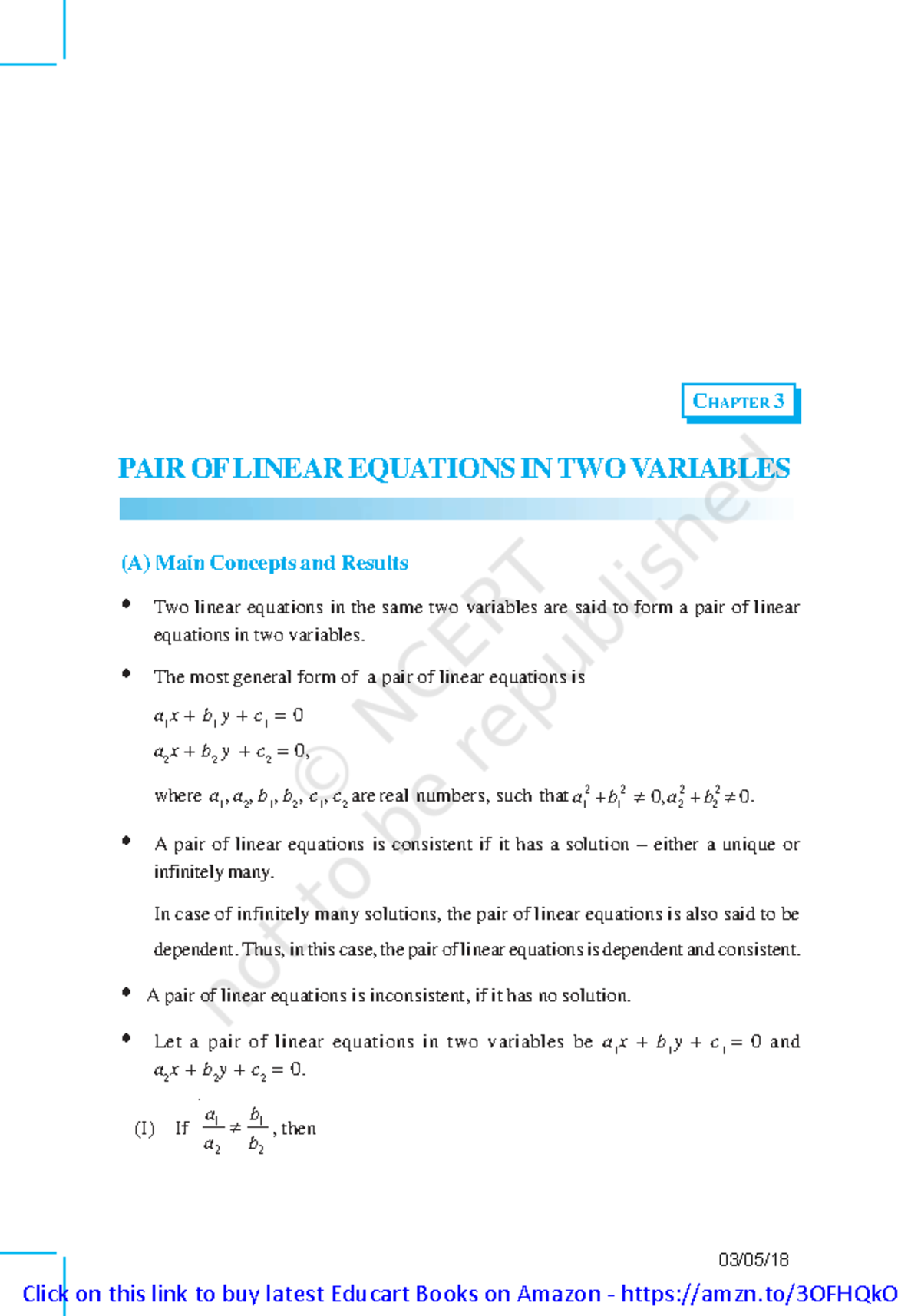 CHAPTER 3: PAIR OF LINEAR EQUATIONS IN TWO VARIABLES - Key Concepts and ...