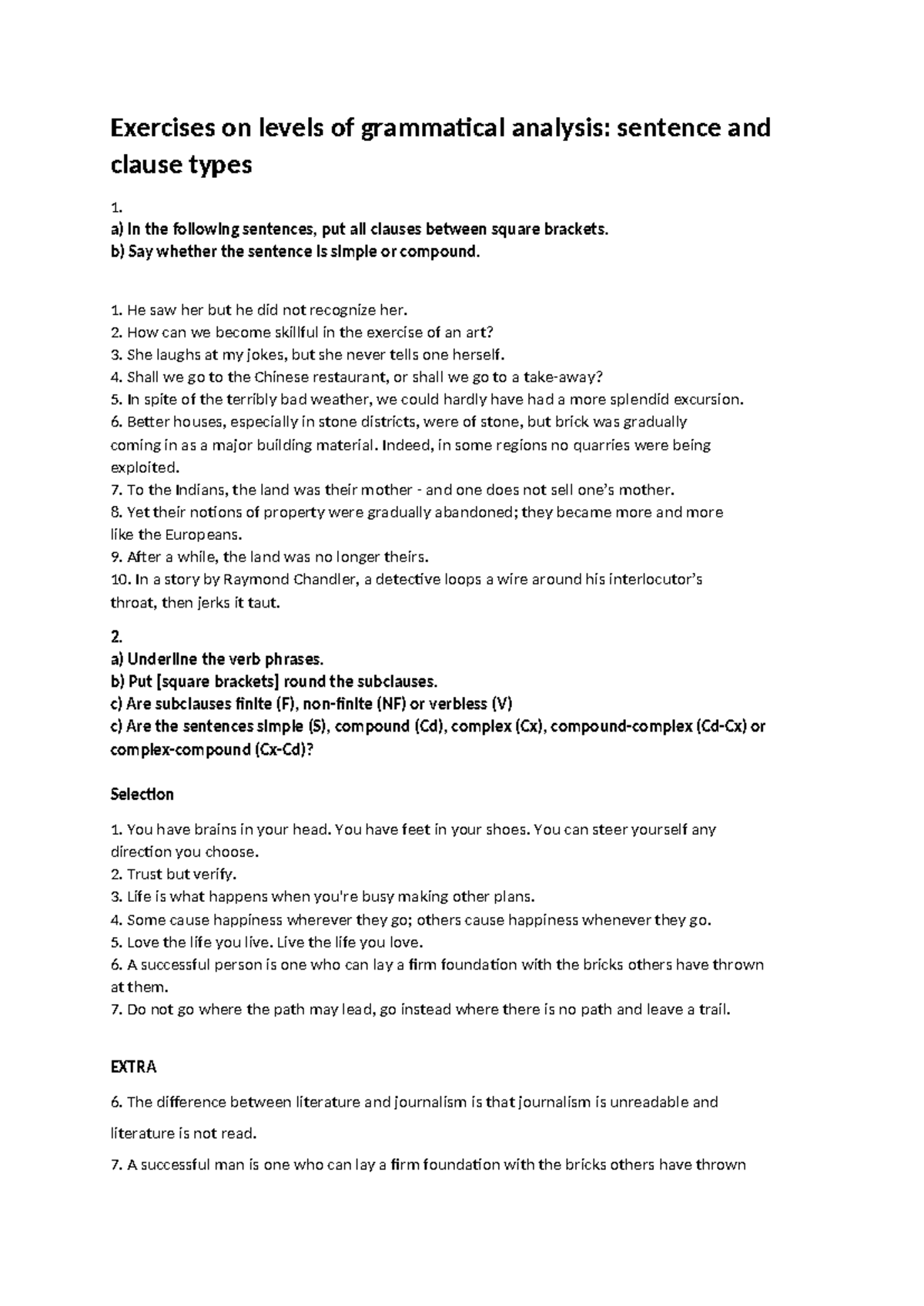 Exercises on Grammatical Analysis: Sentence & Clause Types - Studocu