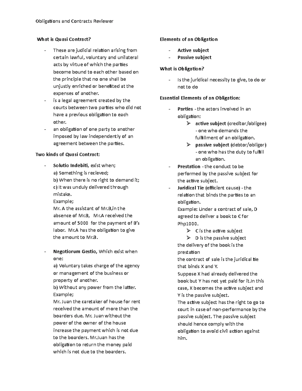 Obligations and Contracts Summary on Different Kinds of Obligation - OBLIGATIONS AND CONTRACTS ...