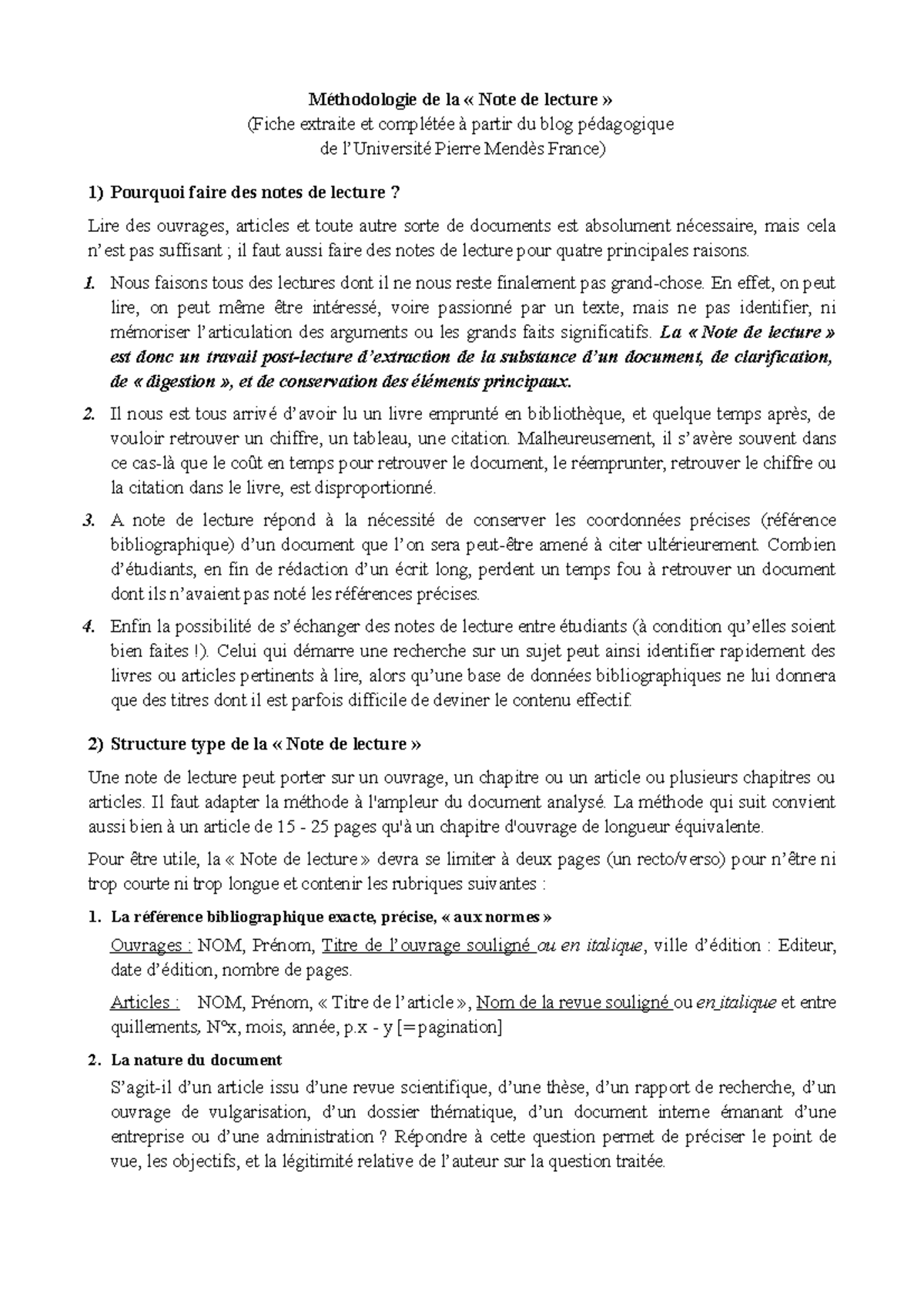 Méthodologie de la Note de Lecture : Guide Complet et Structuré - Studocu