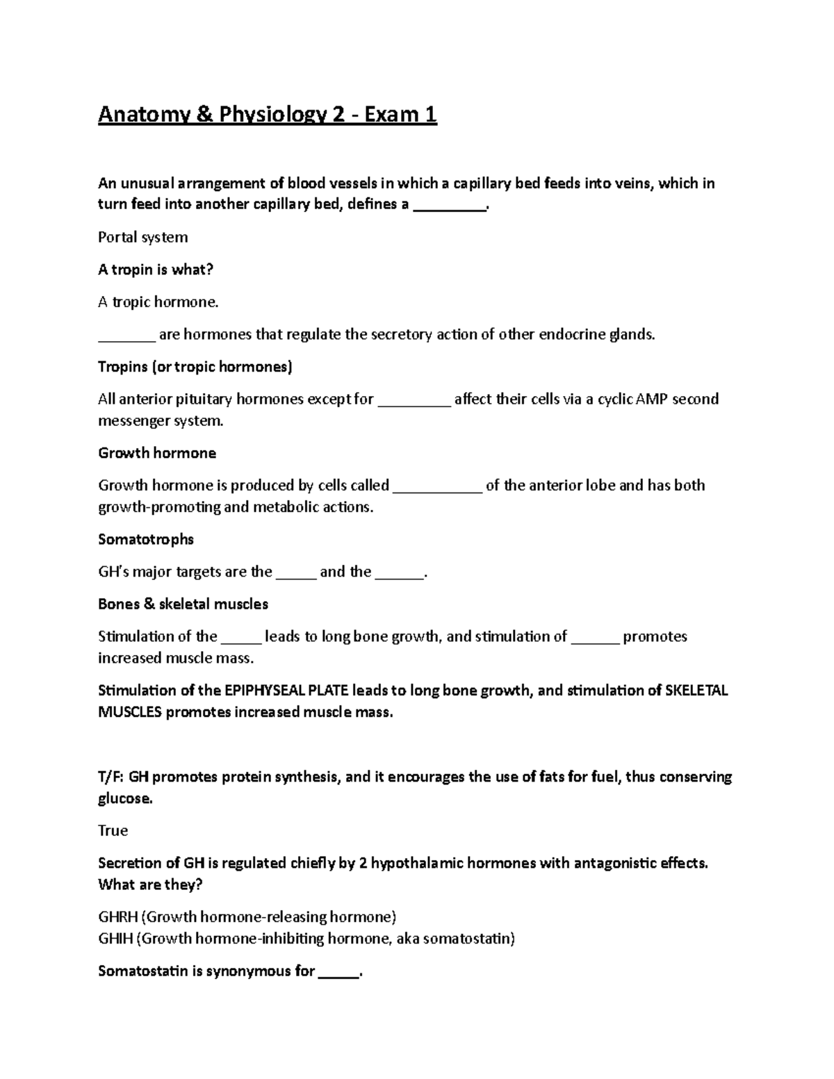 Anatomy and Physiology 2, Exam 1 continued - Anatomy & Physiology 2 ...