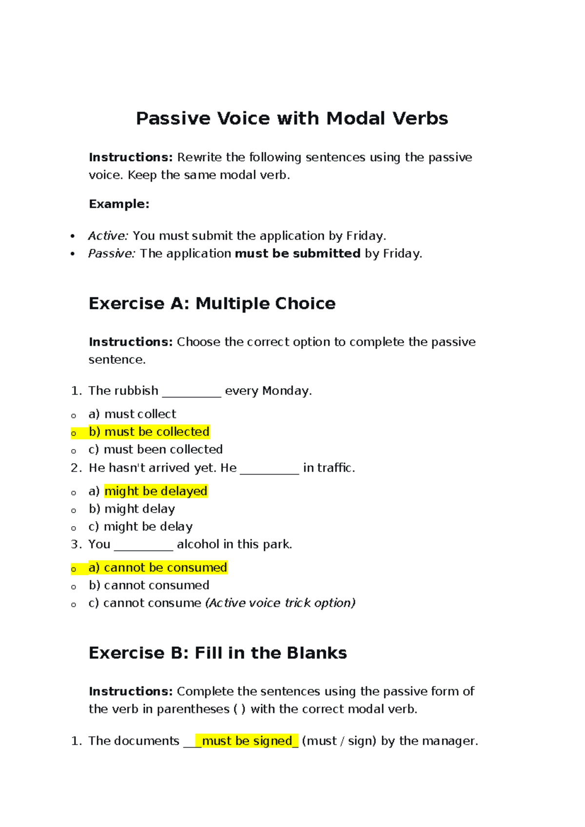 Passive Voice with Modal Verbs: Exercises and Instructions - Studocu