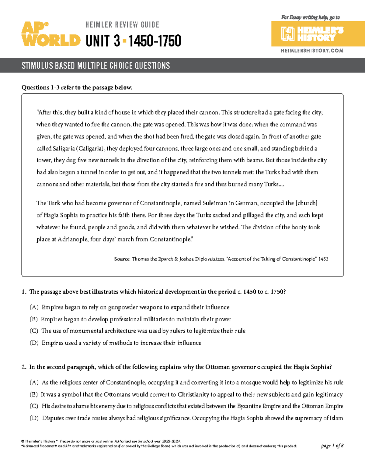 AP World History Unit 3 MCQs: Exam Questions and Analysis (1450-1750 ...