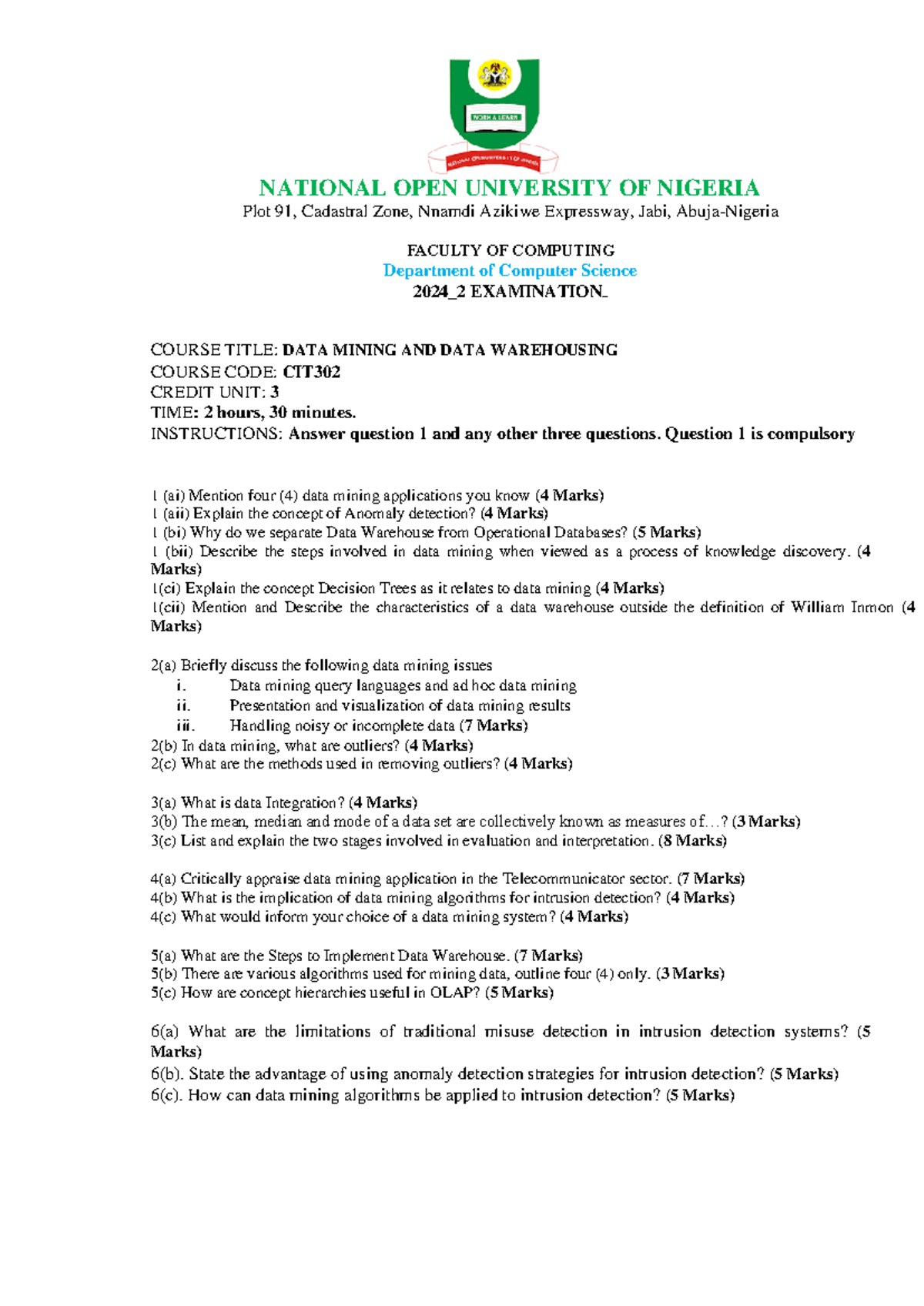 CIT302 - Data Mining & Data Warehousing Past Exam Questions - Studocu