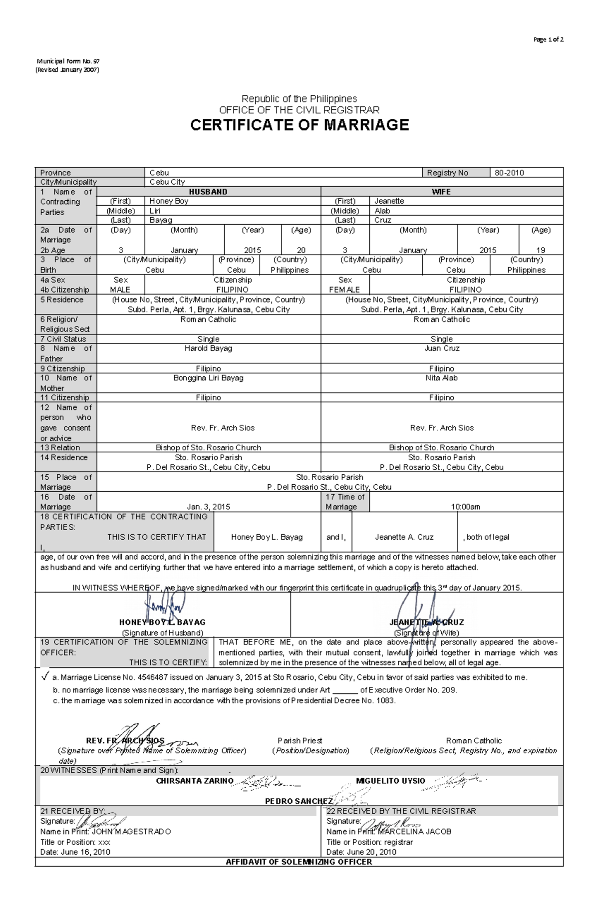 Marriage Certificate of Honey Boy Bayag & Jeanette Cruz (2015) - Studocu