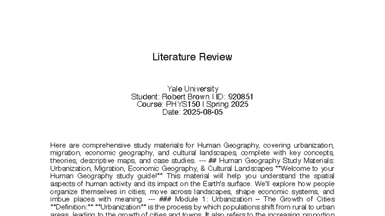 PHYS150 Spring 2025: Human Geography Study Materials & Key Concepts ...
