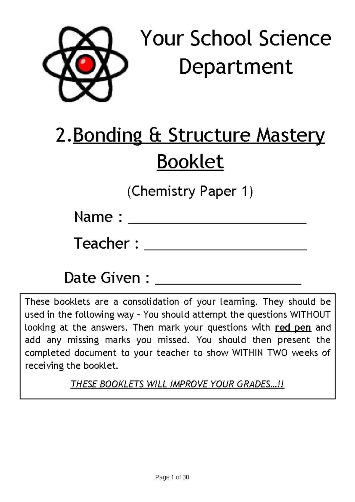 Bonding Structure Mastery Booklet (Chemistry Paper 1) - Atomic ...