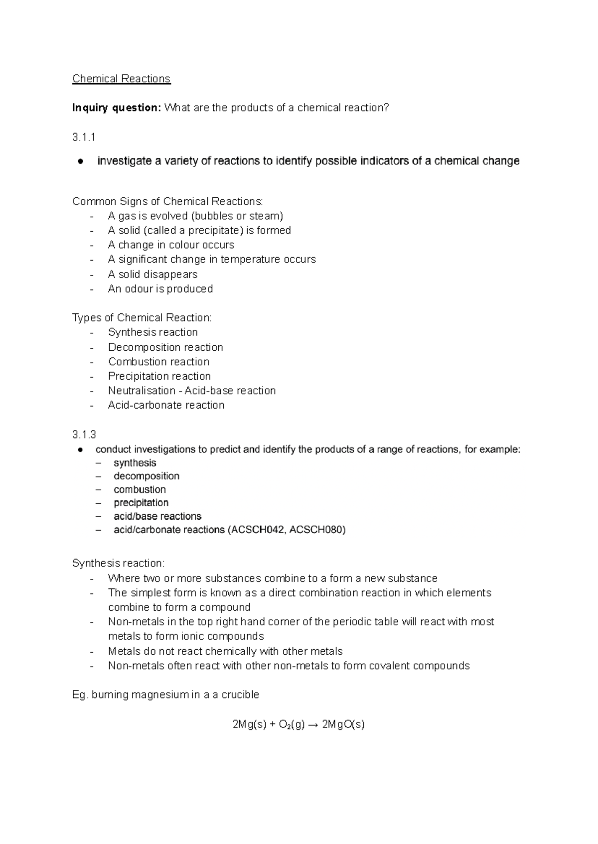 Study Notes - Module 3 - Chemical Reactions Inquiry question: What are ...