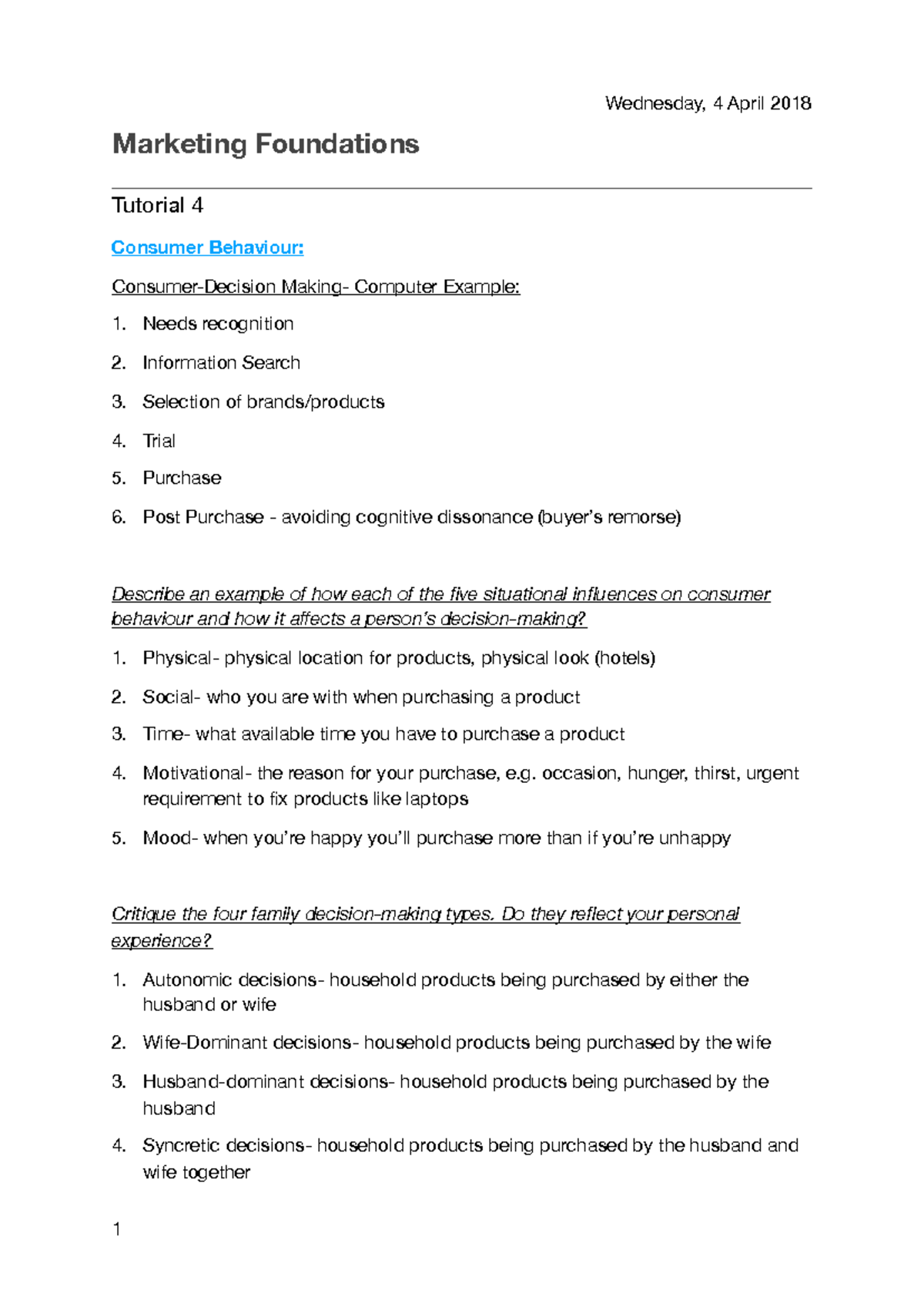 Marketing Foundations Tutorial 4 - Wednesday, 4 April 2018 Marketing ...