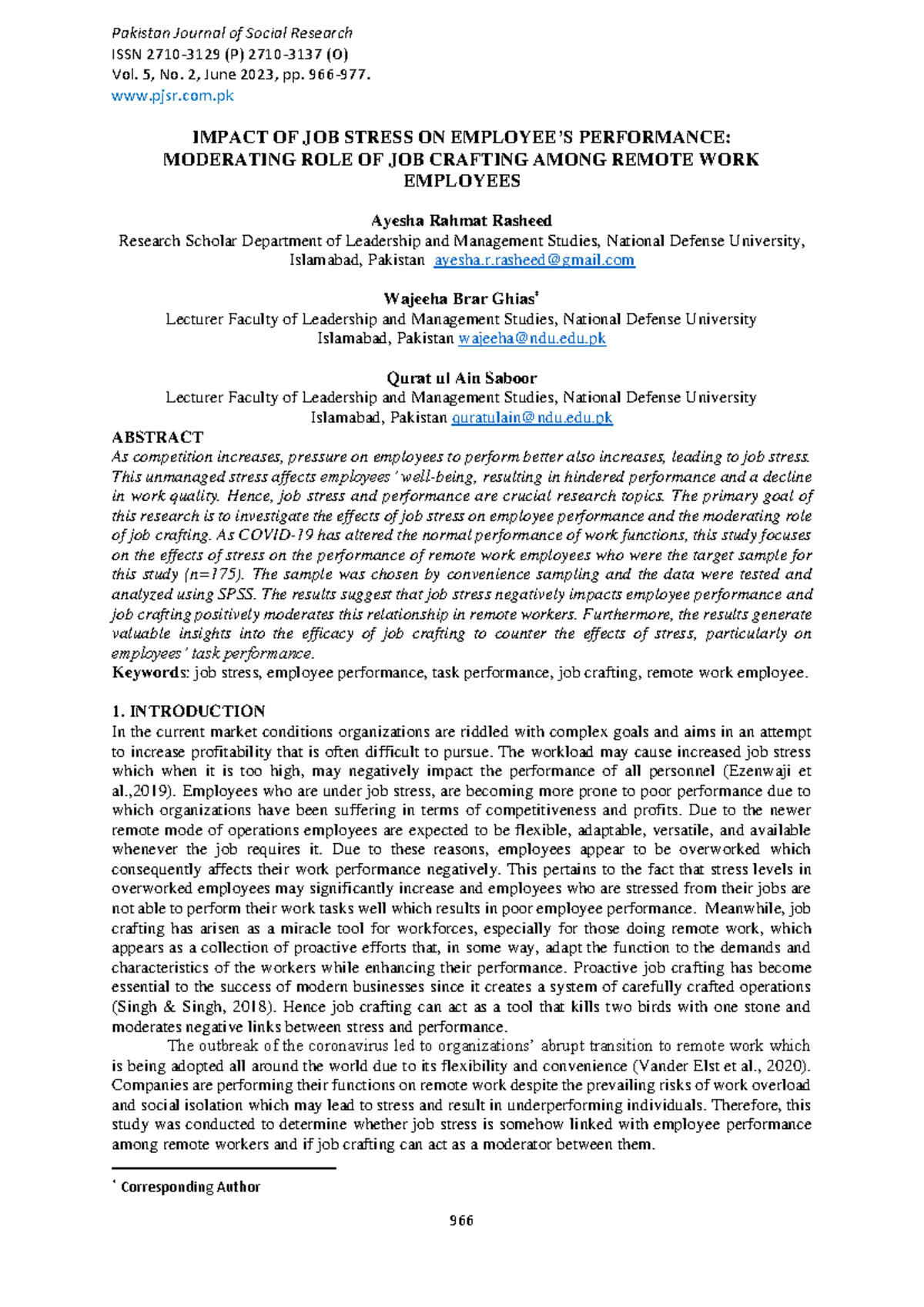 Impact of Job Stress on Performance: Job Crafting as a Moderator in Remote Work - Studocu