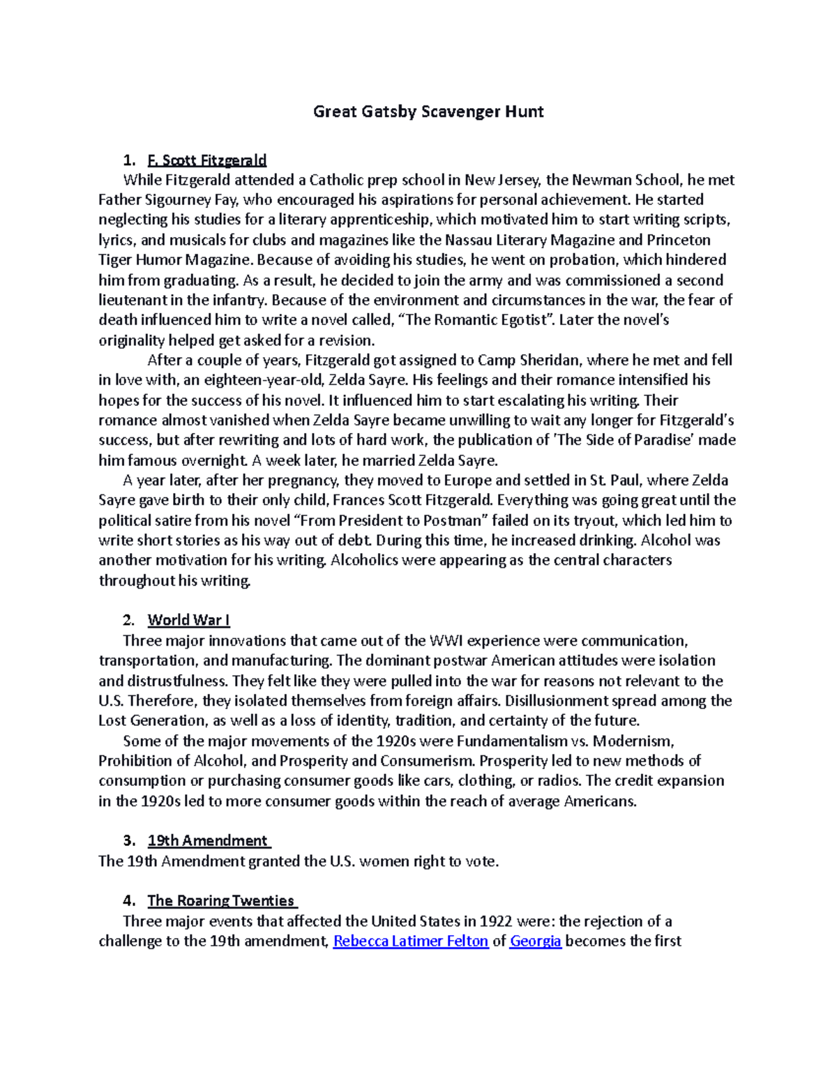 Great Gatsby Scavenger Hunt Insights and Historical Contexts - Studocu