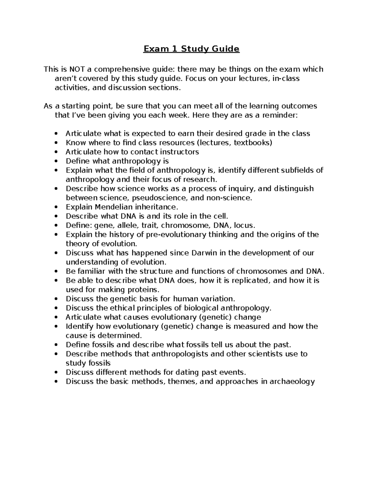 Exam 1 Study Guide for ANTH 101: Key Concepts & Learning Outcomes - Studocu