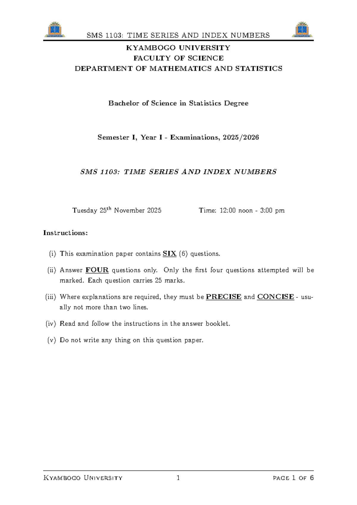 SMS 1103: Time Series & Index Numbers Exam Paper - Nov 2025 - Studocu