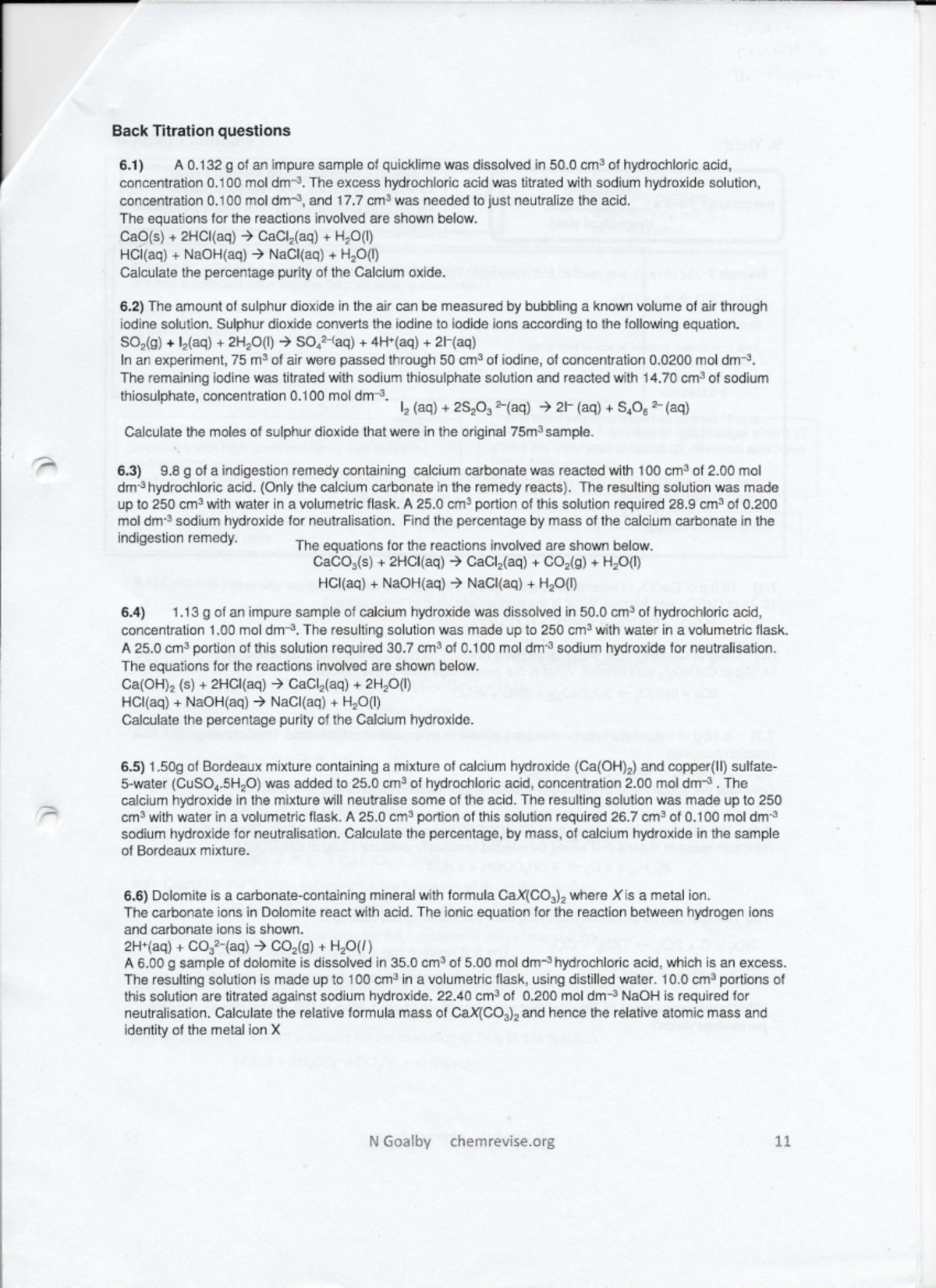 Back Titration Questions for Chemistry 101: Calculating Purity and ...