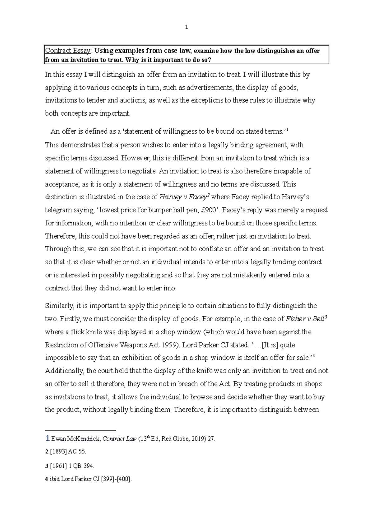 Contract Law Essay: Distinguishing Offer from Invitation to Treat - Studocu
