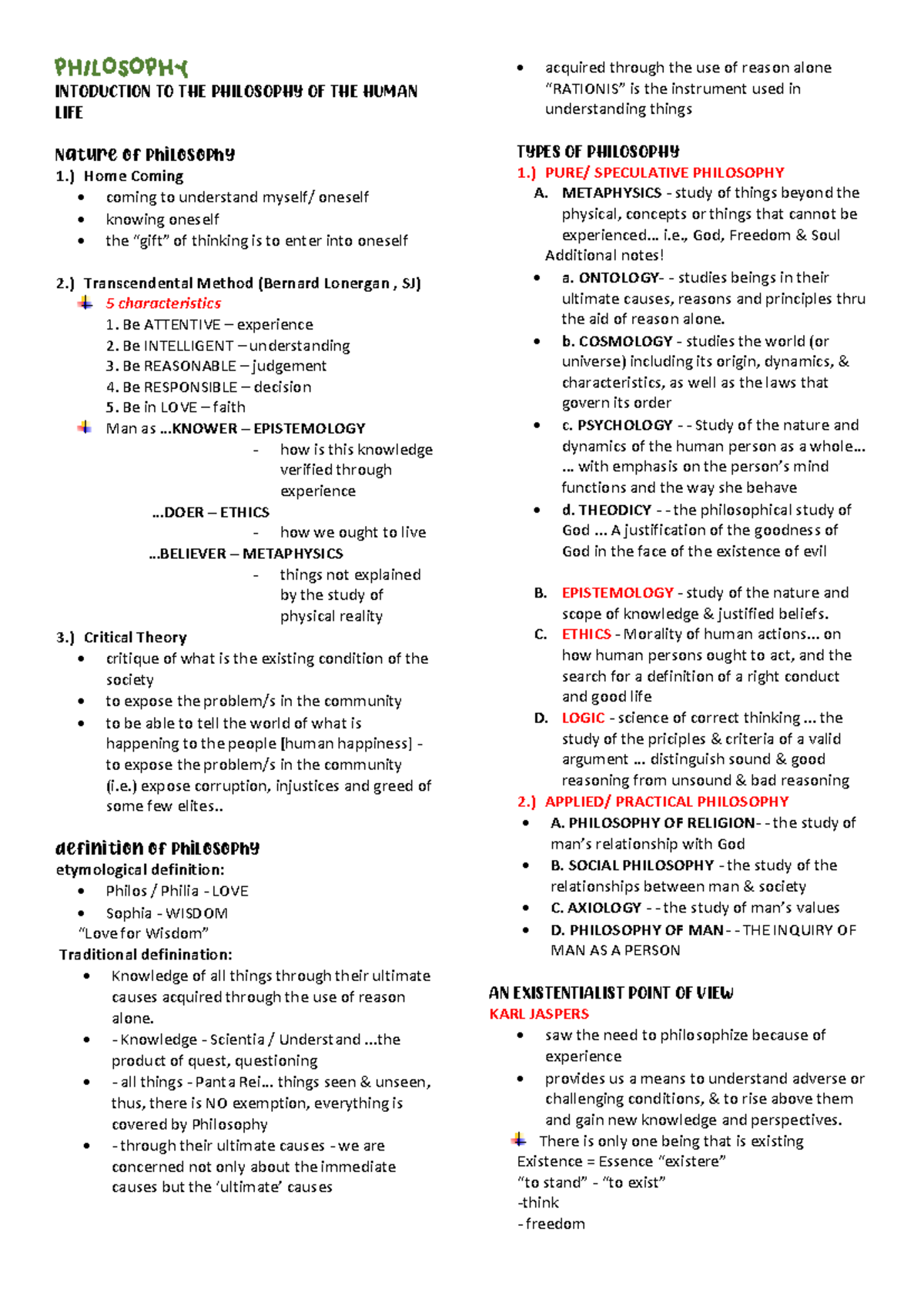 PHIL 101: Introduction to the Philosophy of Human Life - Notes - Studocu