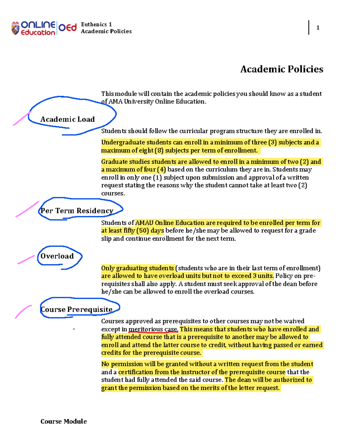 Euthenics 1: Essential Academic Policies for AMA University Students ...