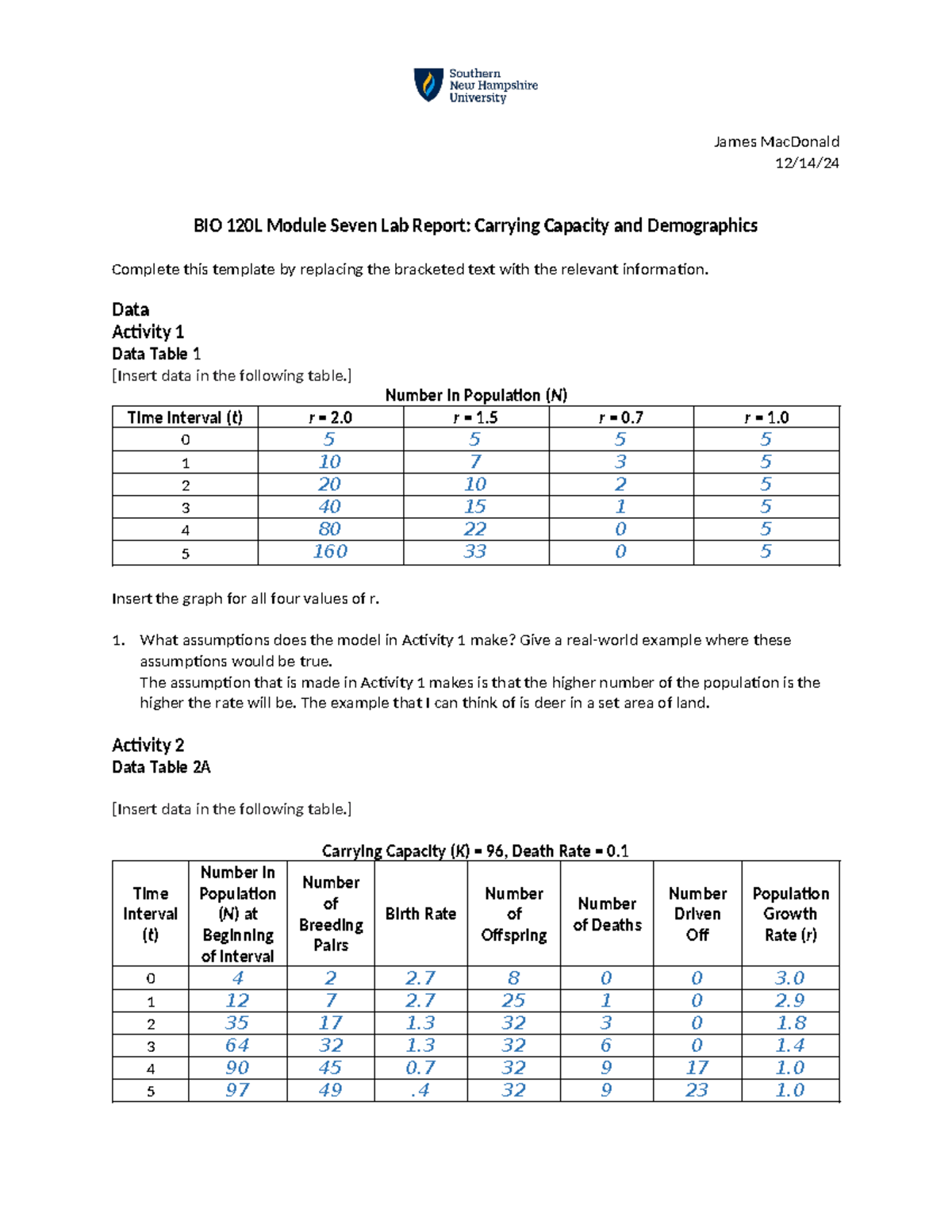 BIO 120L Final Exam Lab Report: Analyzing Carrying Capacity & Demographics - Studocu