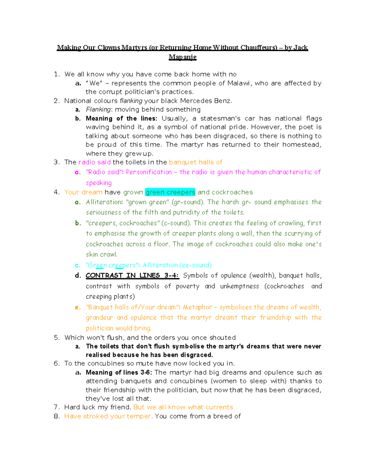 Analysis Notes on "Making Our Clowns Martyrs" by Jack Mapanje - Studocu