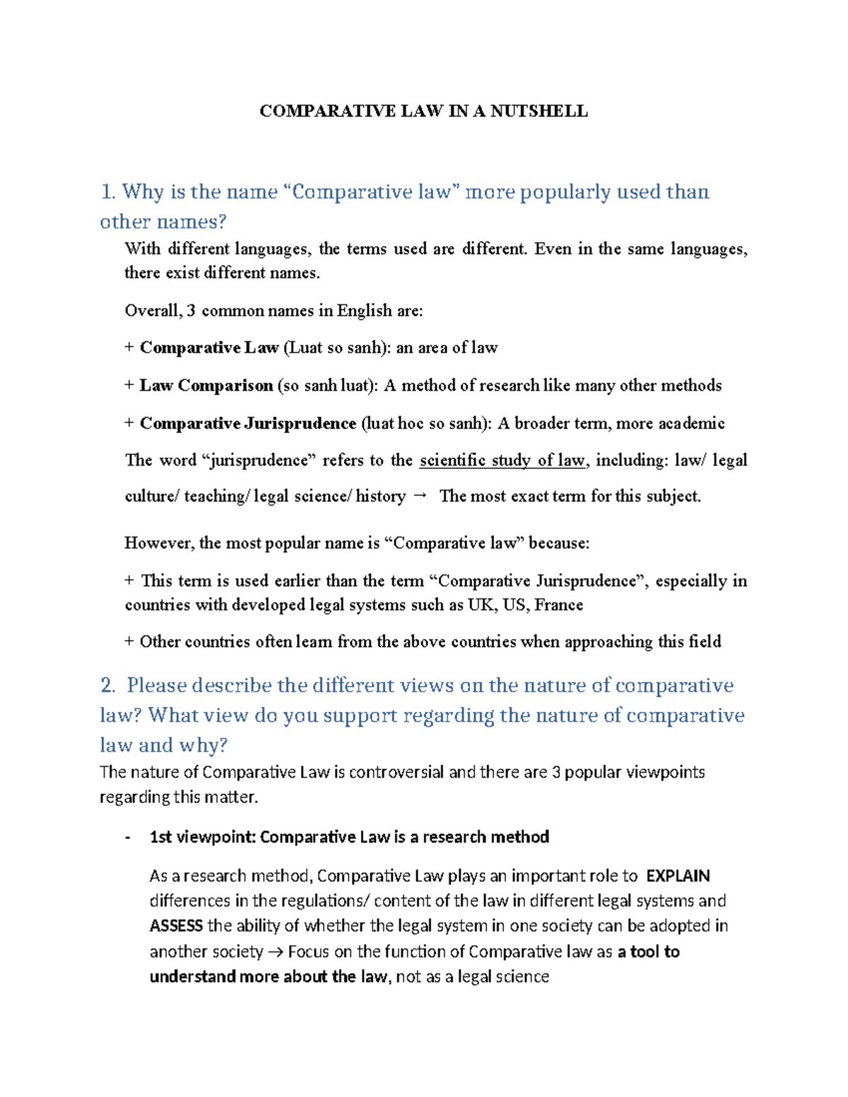 Comparative Law in a Nutshell: Key Concepts and Methodologies - Studocu