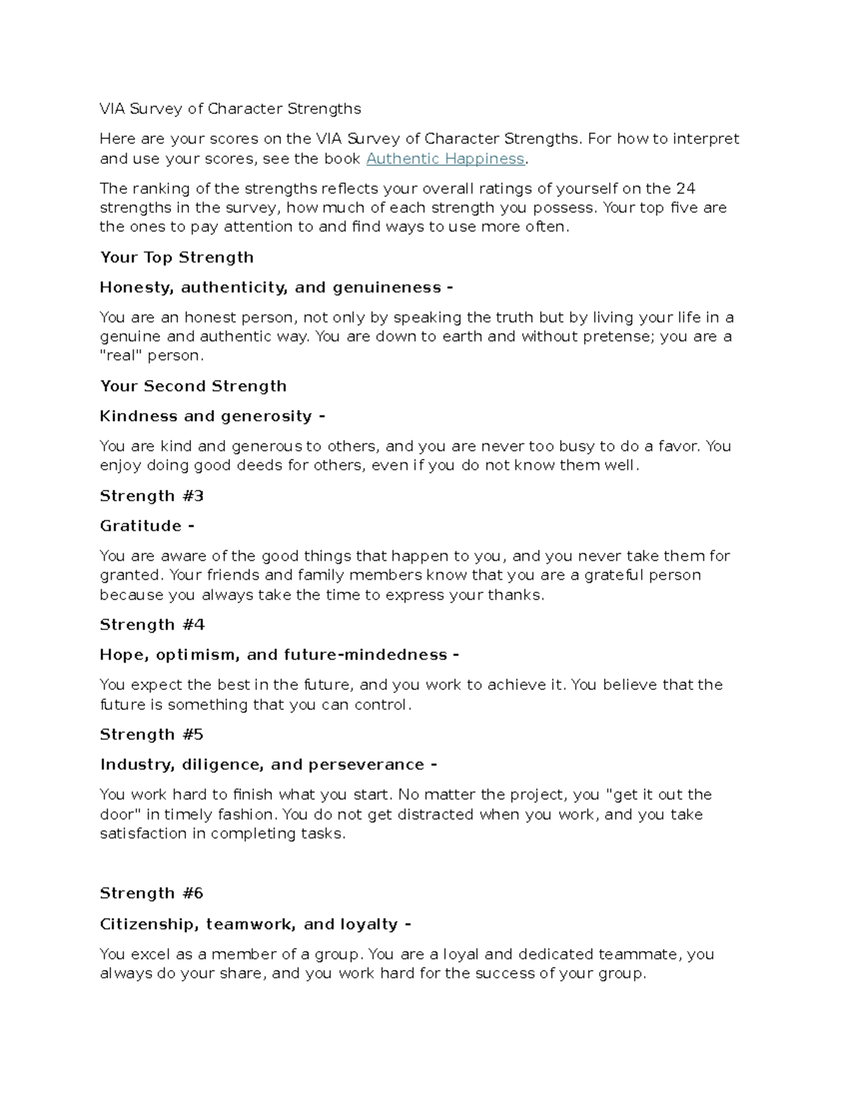 VIA Survey of Character Strengths Insights and Interpretations - Studocu