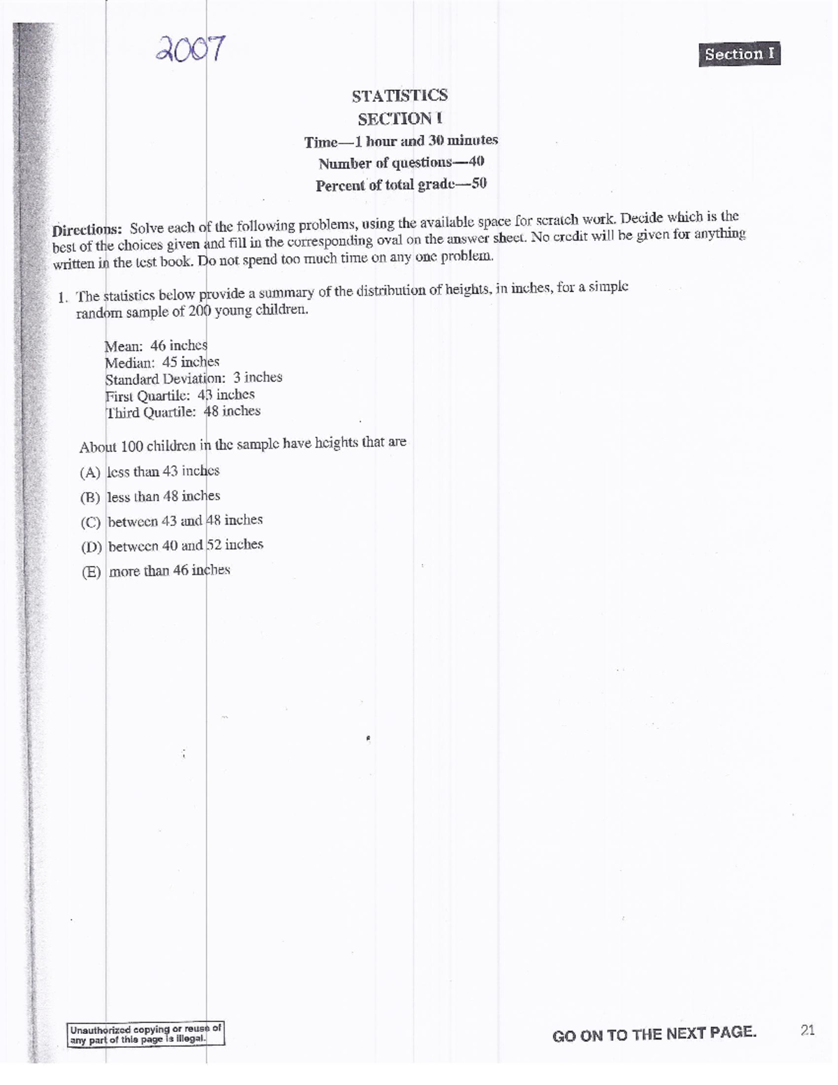2007 AP Statistics Exam Section I Practice Questions and Solutions ...