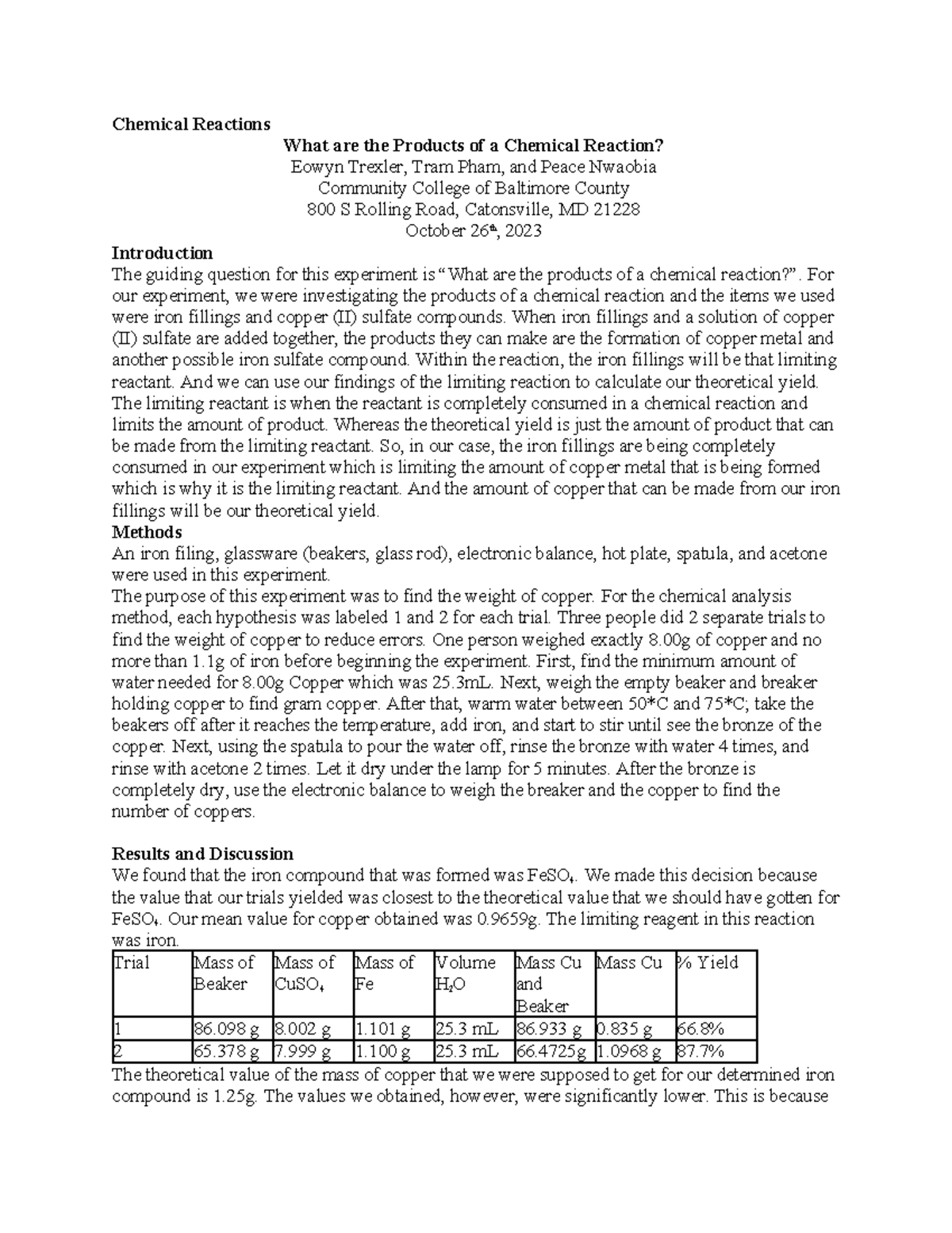 Chemical Reactions and Products: Formal Report 4 on Copper and Iron ...