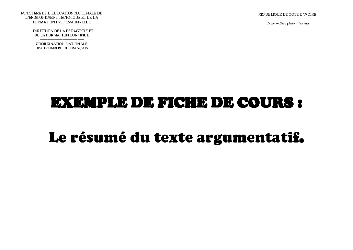 Résumé du Texte Argumentatif - Ex. Fiche APC 3e - Studocu