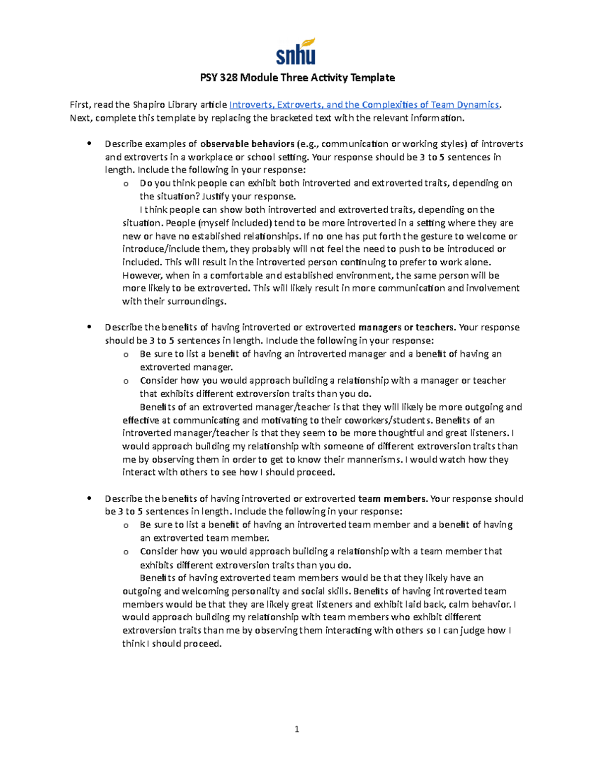 PSY 328 Module 3 Activity: Exploring Introverts and Extroverts in Teams ...
