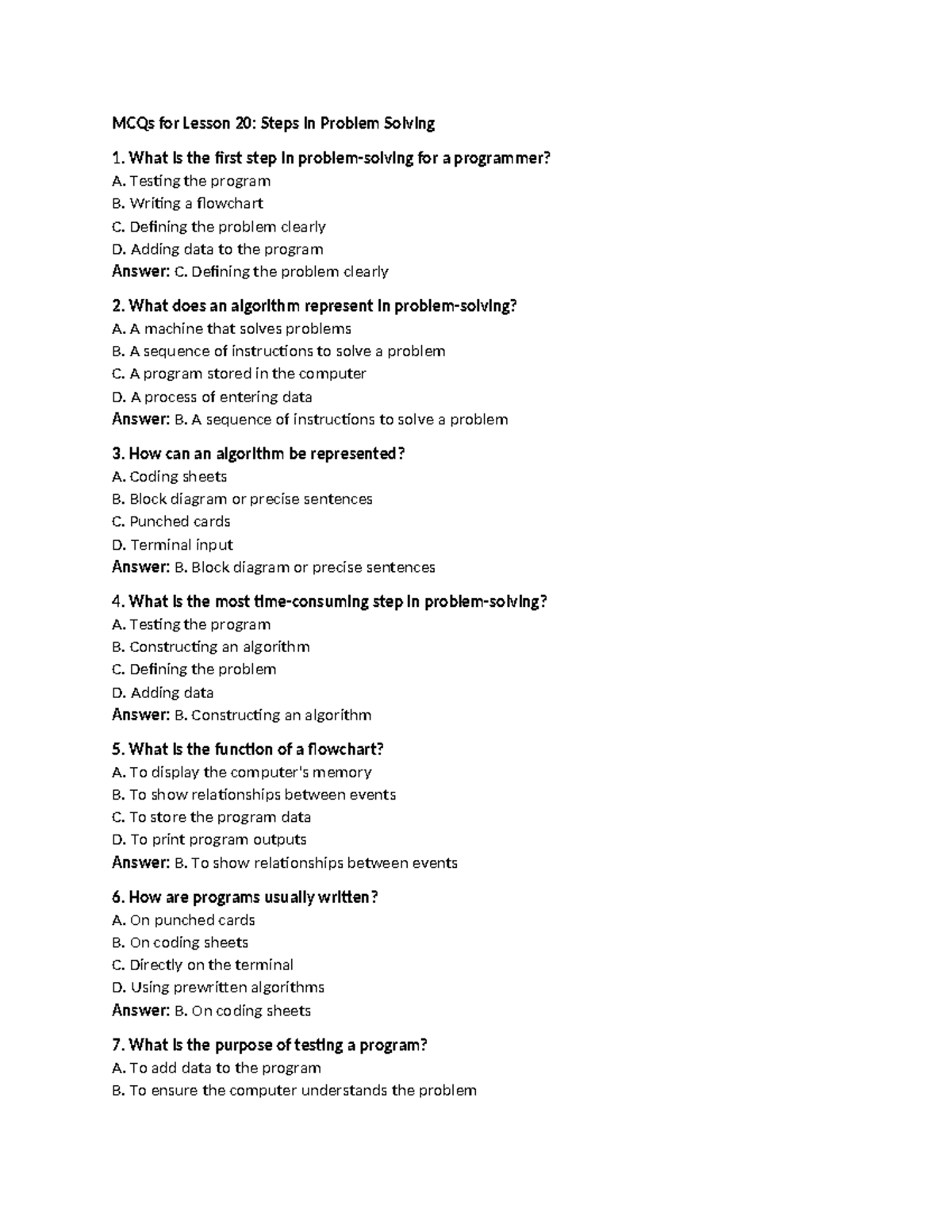 MCQs for CS202 Lesson 20: Steps in Problem Solving - Studocu