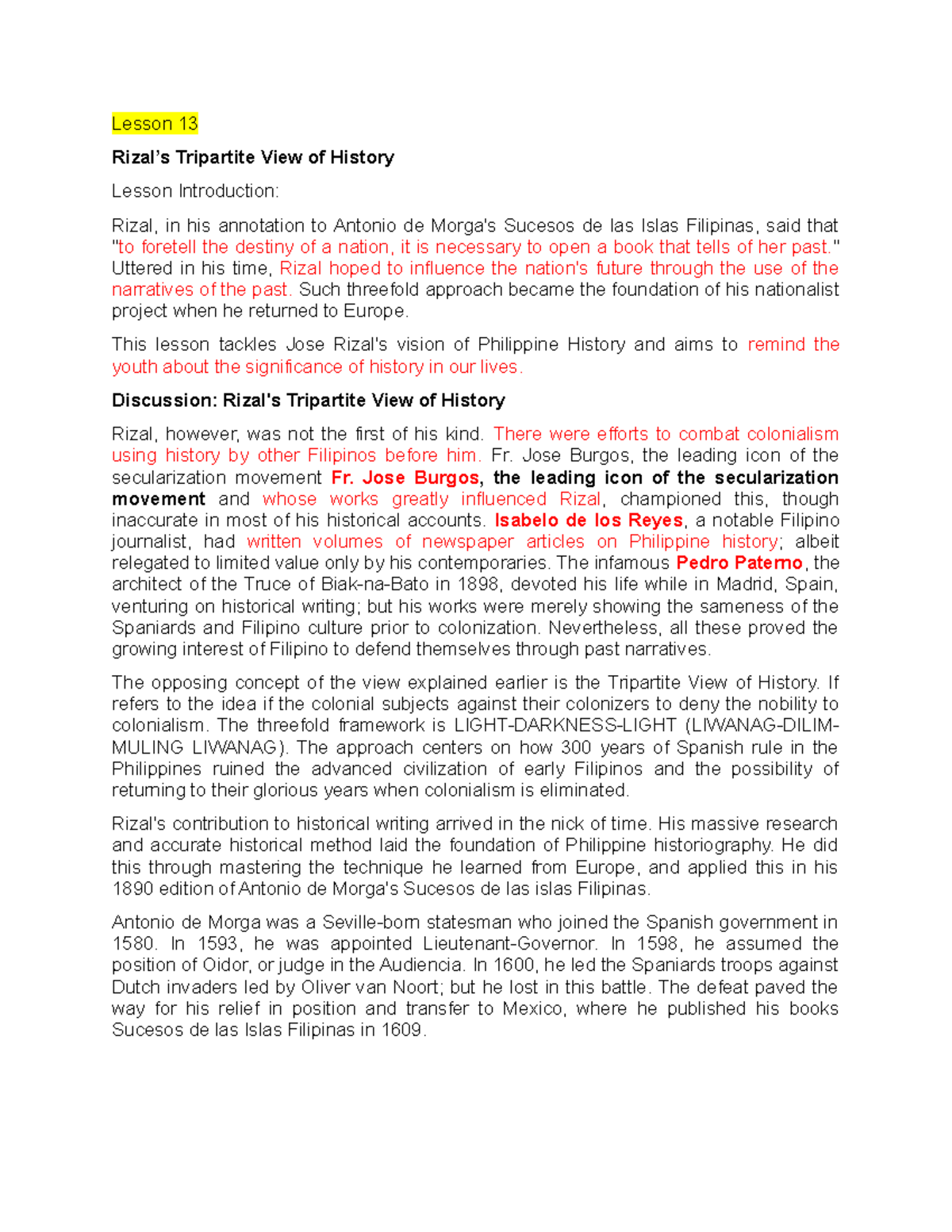 Rizal - Lesson 13: Understanding His Tripartite View of History - Studocu